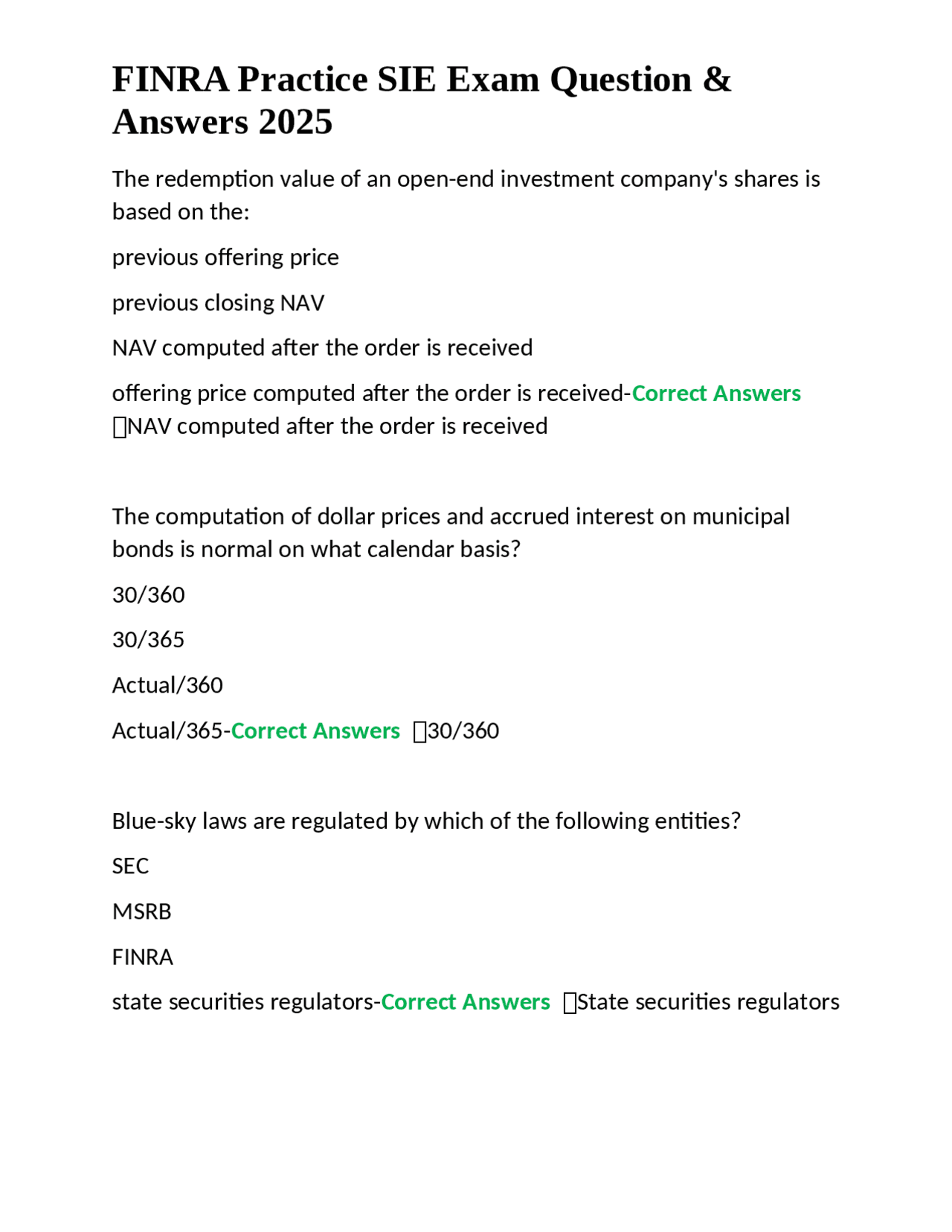 FINRA SIE Exam Practice Questions and Answers 2025 | Exams Nursing ...