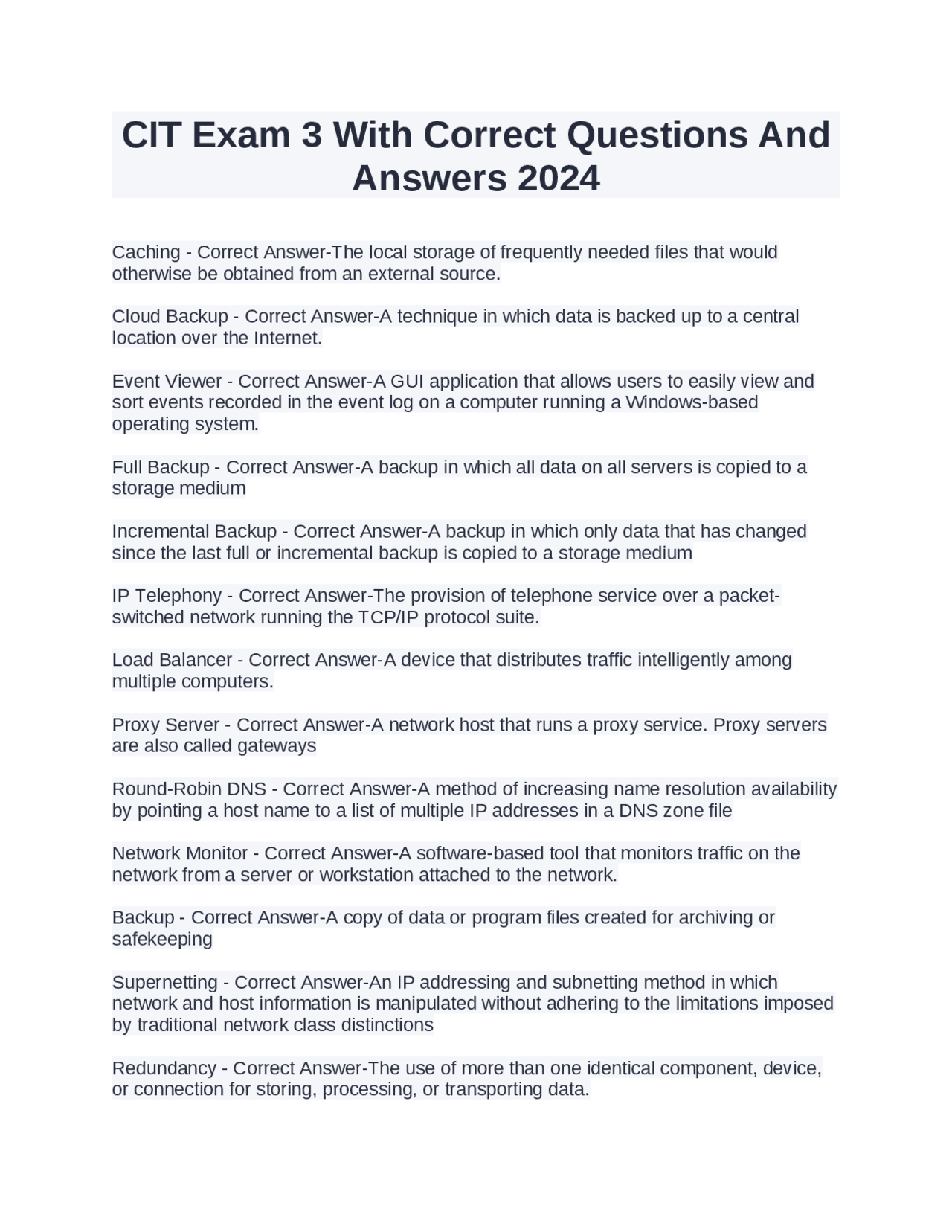 CIT Exam 3: Definitions and Explanations of Key IT Terms | Exams ...