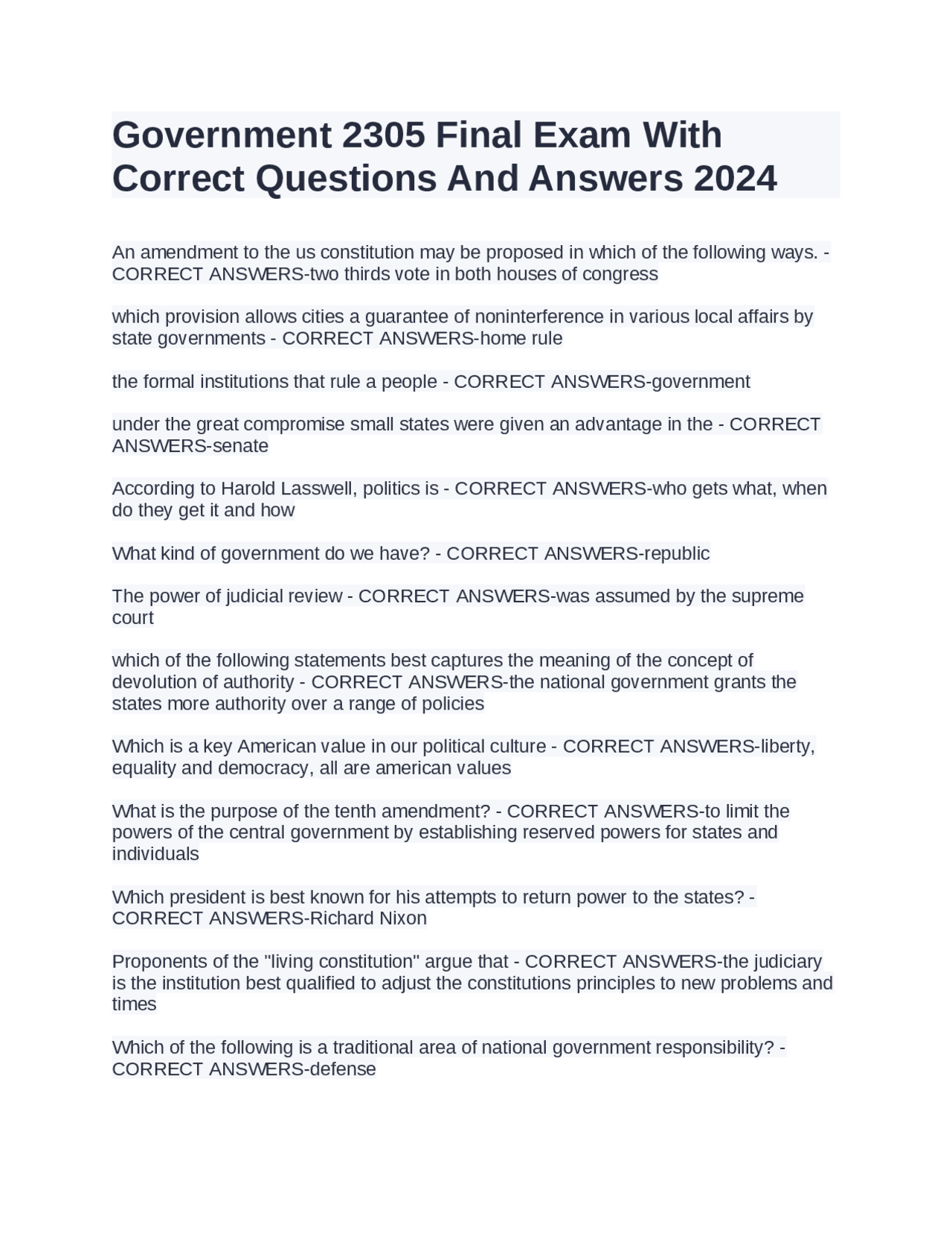 Government 2305 Final Exam Questions and Answers 2024 | Exams Advanced ...