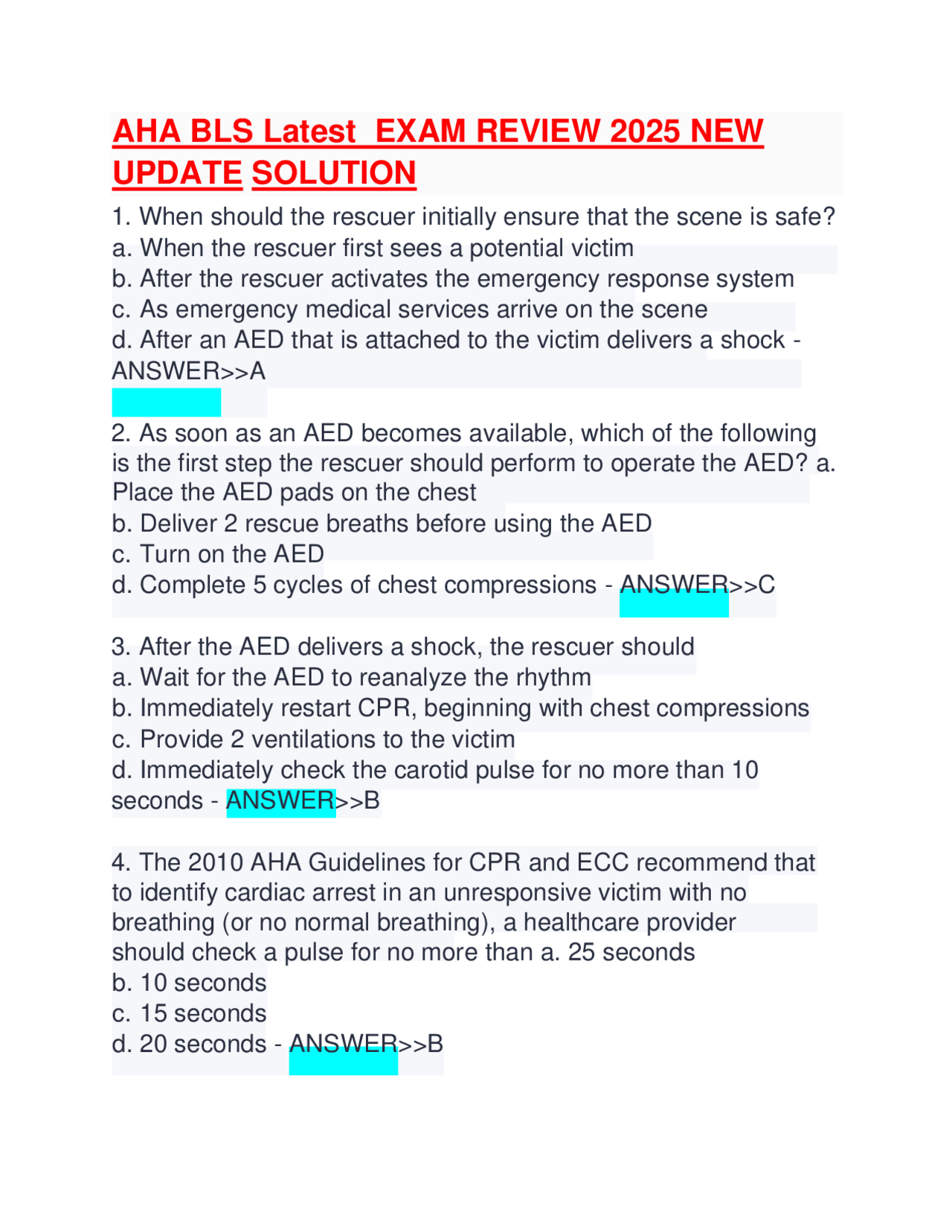 AHA BLS Exam Review 2025: Multiple Choice Questions and Answers | Exams ...