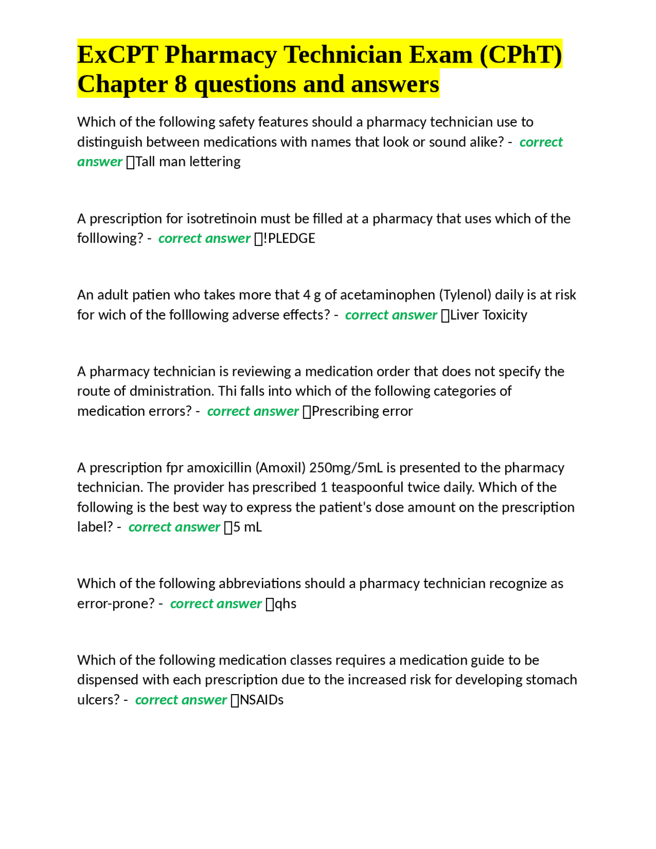 ExCPT Pharmacy Technician Exam (CPhT) Chapter 8 questions and answers ...
