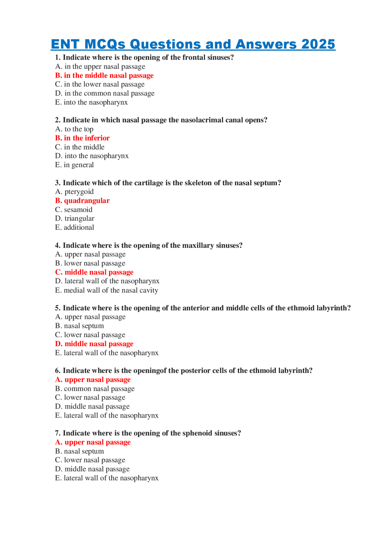 ENT MCQs: Anatomy of the Nasal Cavity and Pharynx | Exams Nursing | Docsity