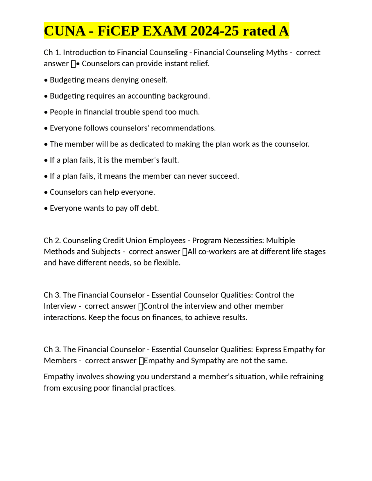 CUNA - FiCEP EXAM 2024-25: Financial Counseling Study Guide | Exams ...