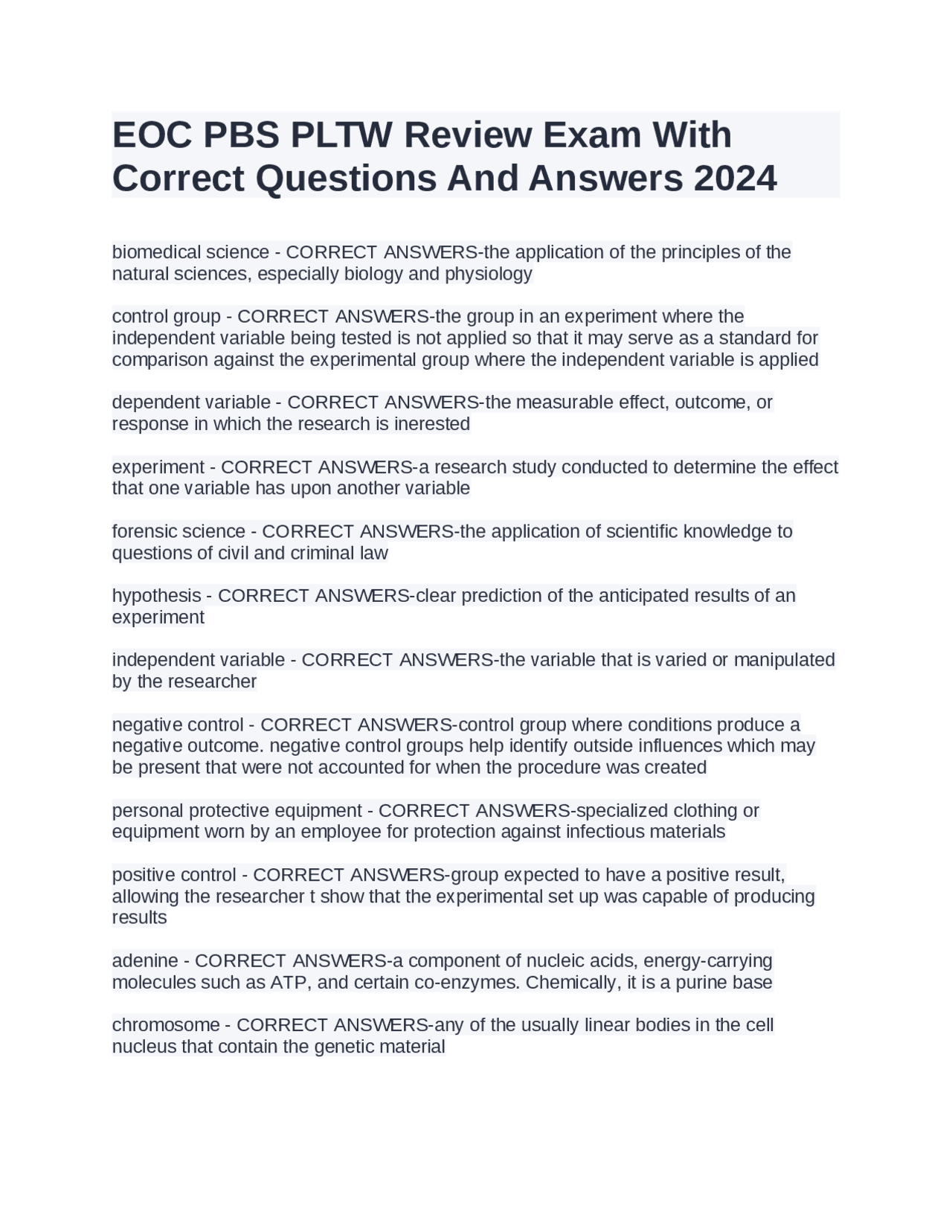 PLTW Biomedical Science Review Exam: Questions and Answers | Exams ...
