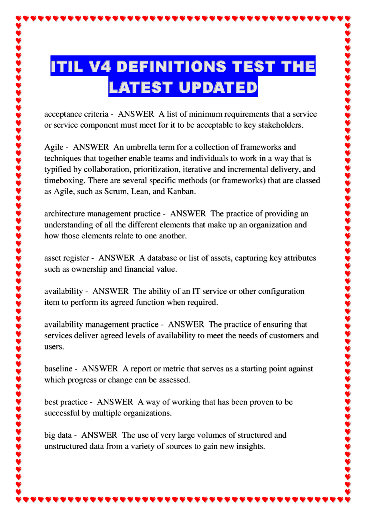 ITIL V4 Definitions: A Glossary of Key Terms and Concepts | Exams Information Technology | Docsity