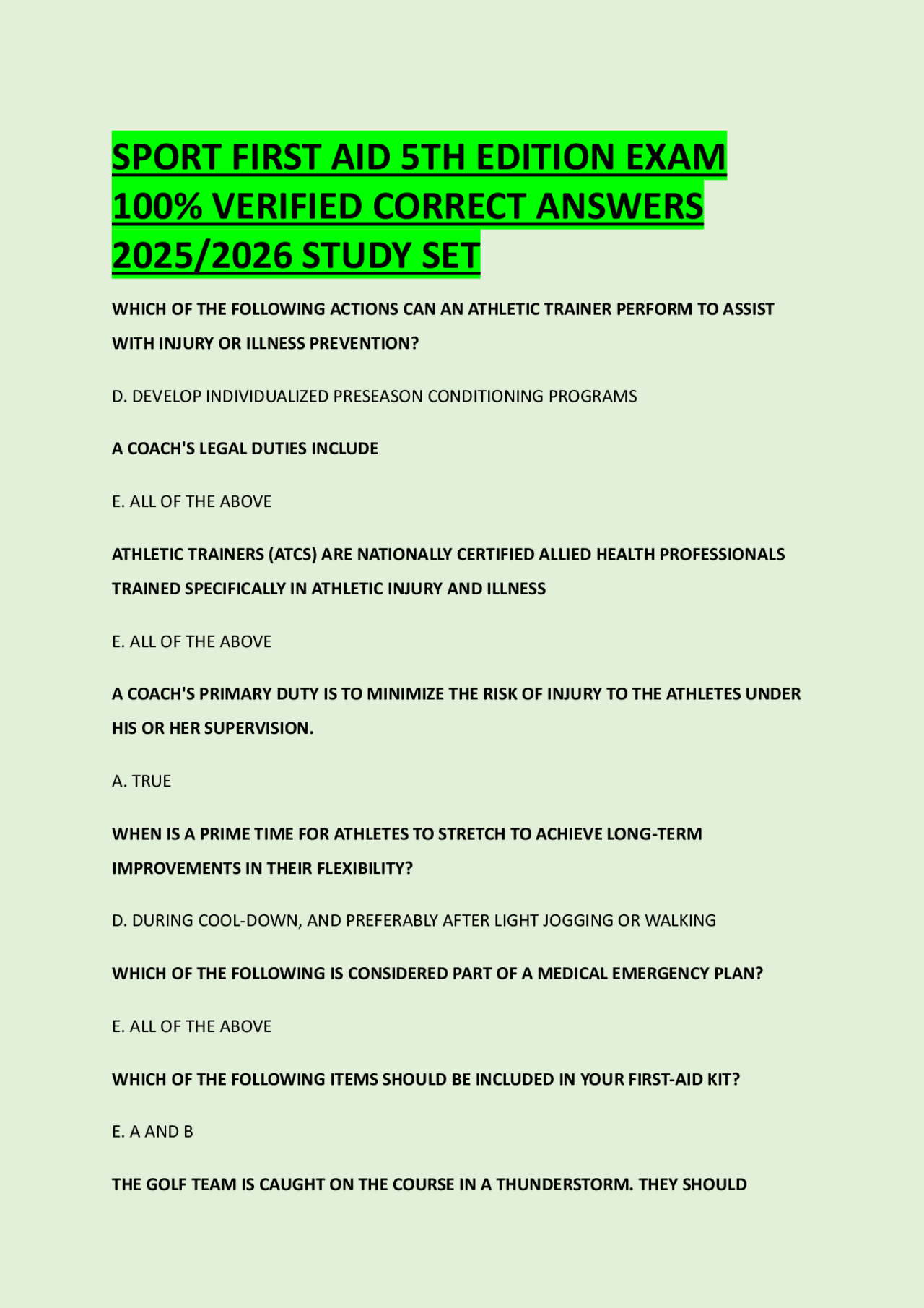 SPORT FIRST AID 5TH EDITION EXAM 100% VERIFIED CORRECT ANSWERS 2025/ ...