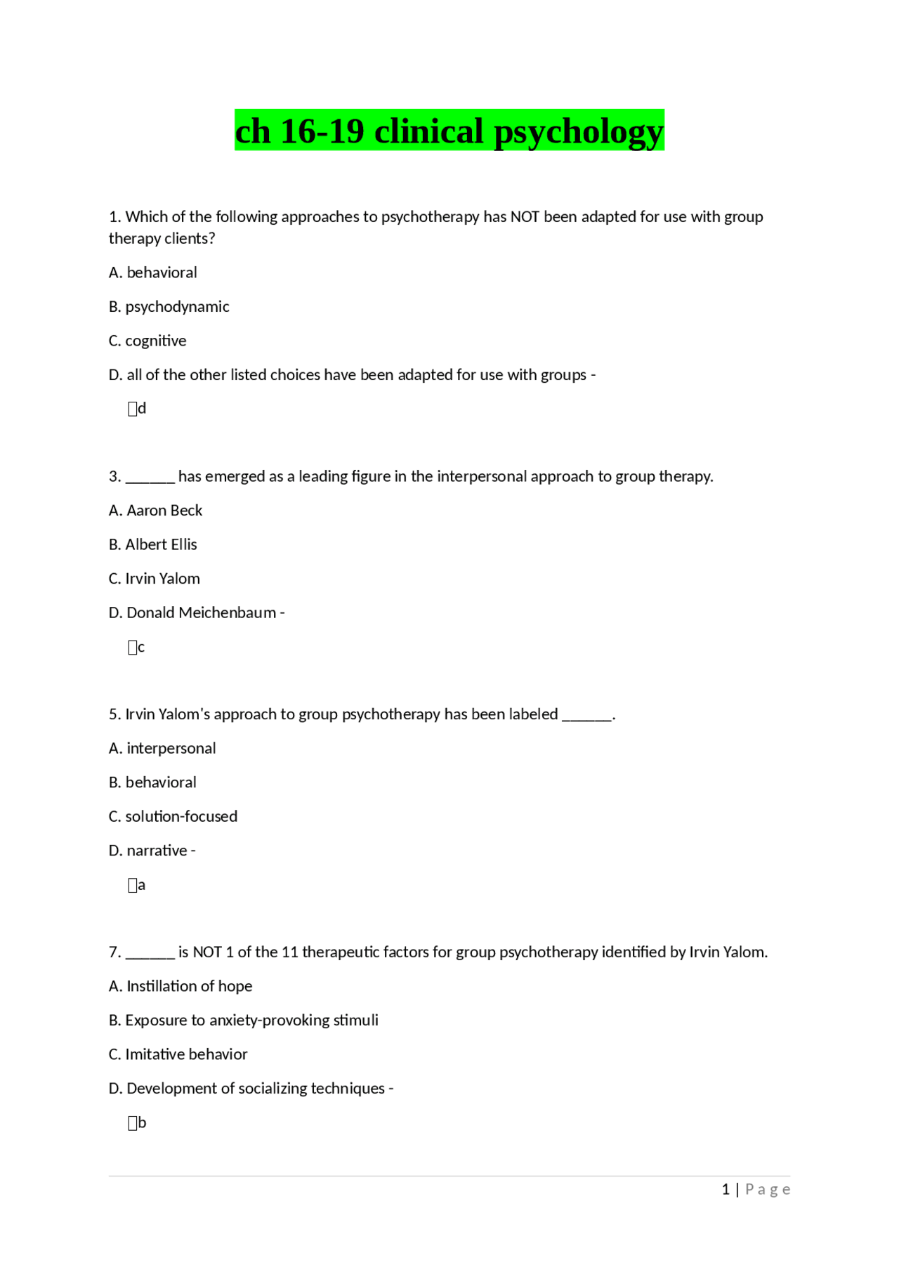 Clinical Psychology: Multiple Choice Questions and Answers for Chapters ...