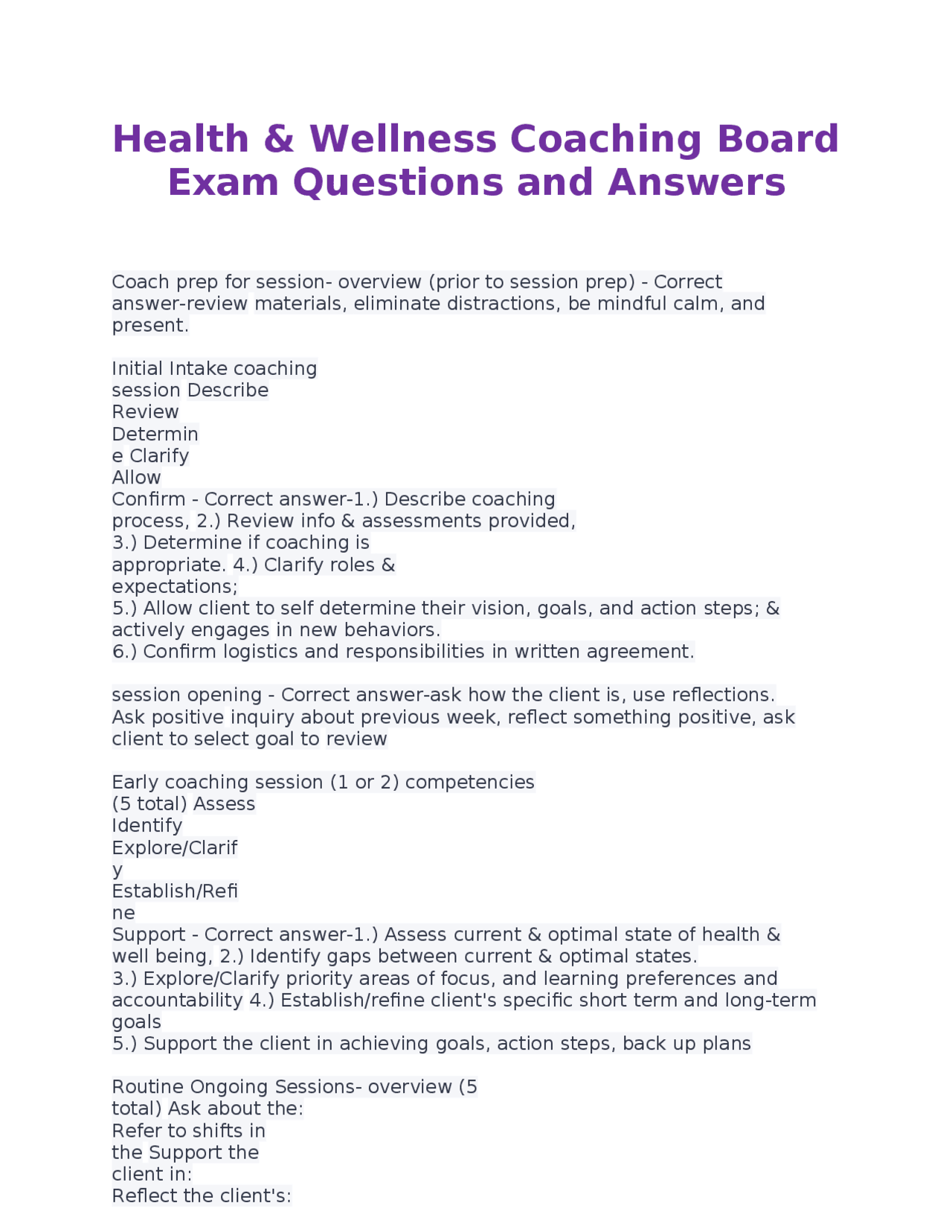 Health & Wellness Coaching: Exam Questions and Answers | Exams Nursing ...