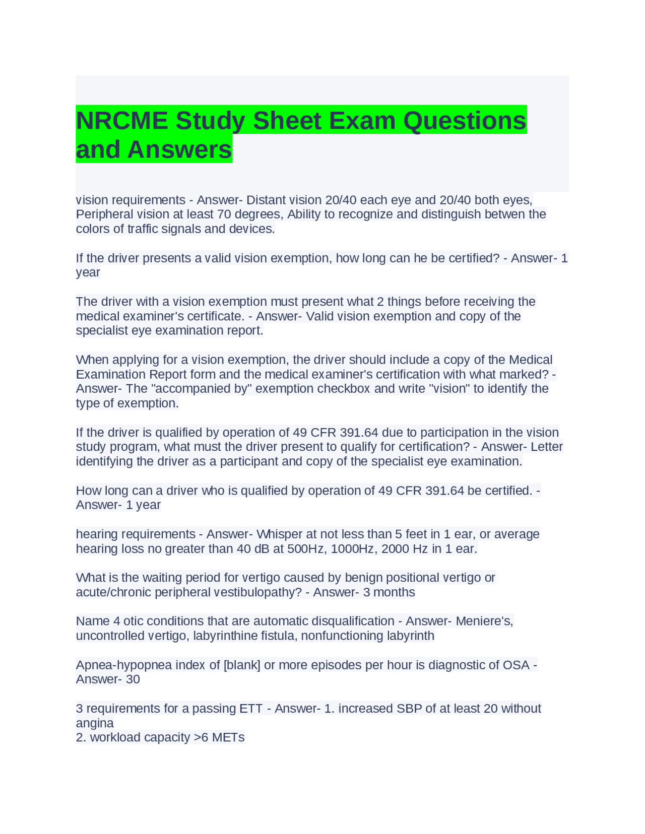 NRCME Exam Study Guide: Driver Medical Certification | Exams Advanced ...