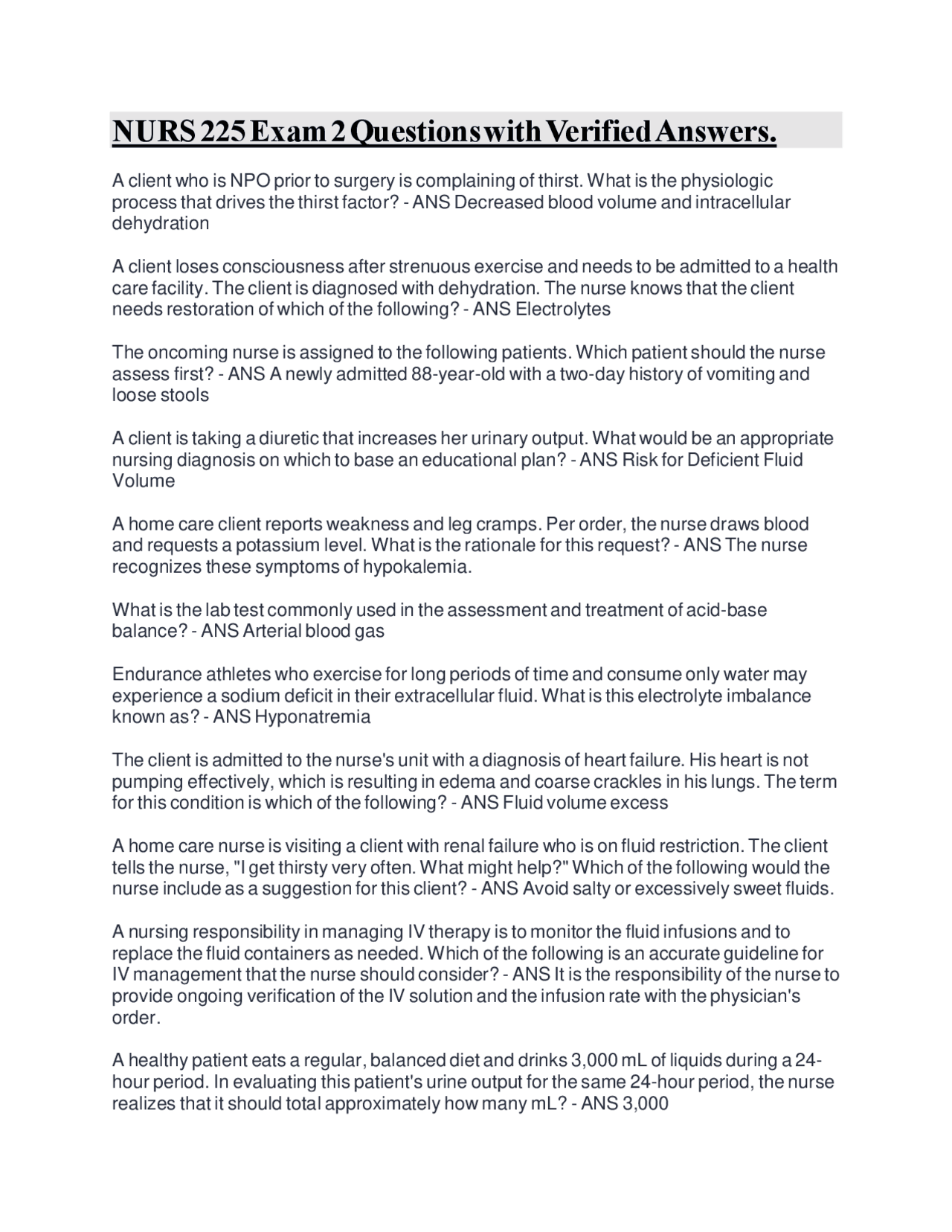 NURS 225 Exam 2 Questions with Verified Answers. | Exams Nursing | Docsity