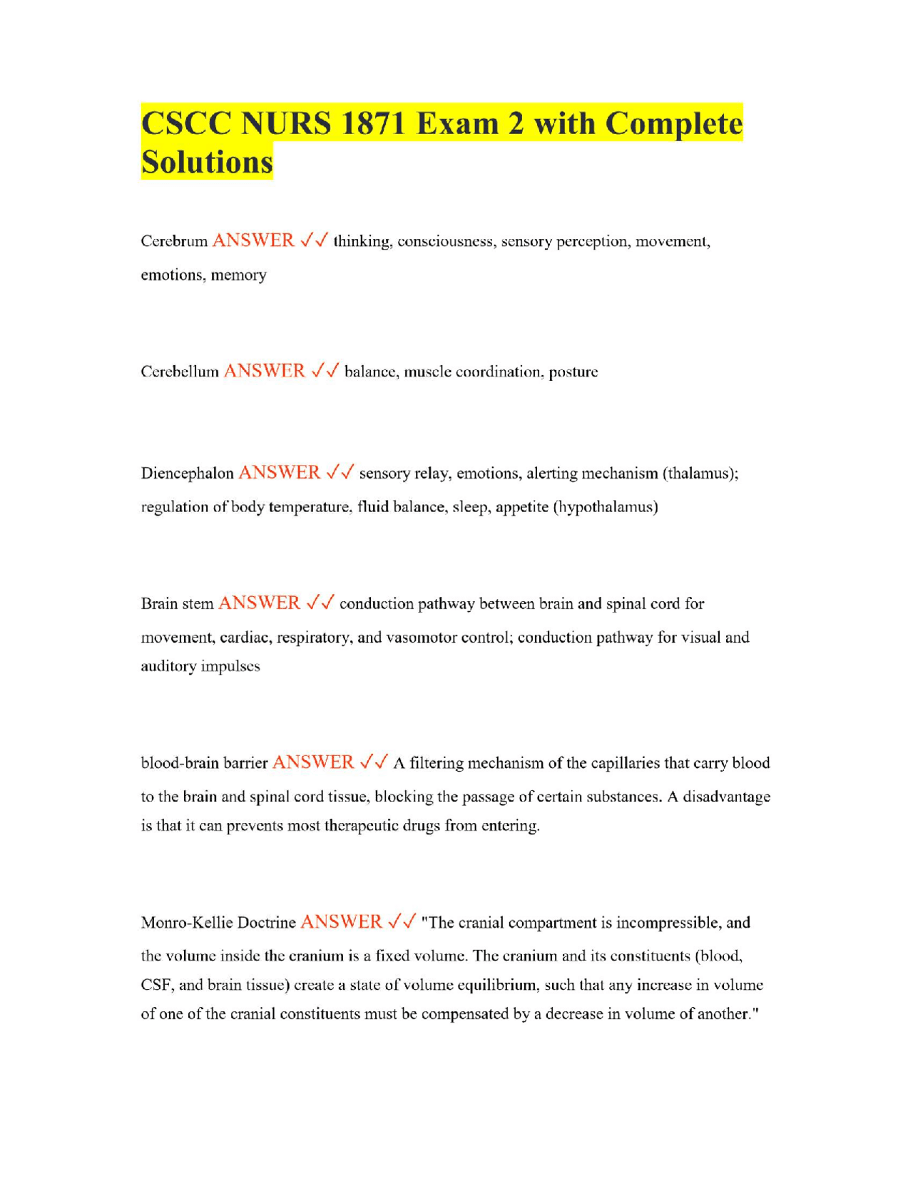 CSCC NURS 1871 Exam 2 with Complete Solutions | Exams Nursing | Docsity