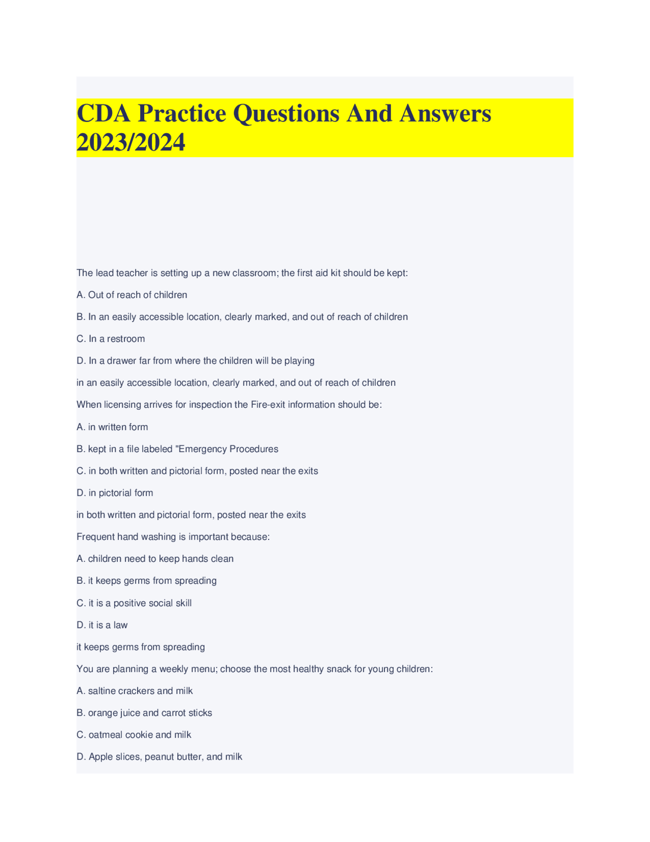 CDA Practice Questions and Answers: Early Childhood Education | Exams Childhood Development ...