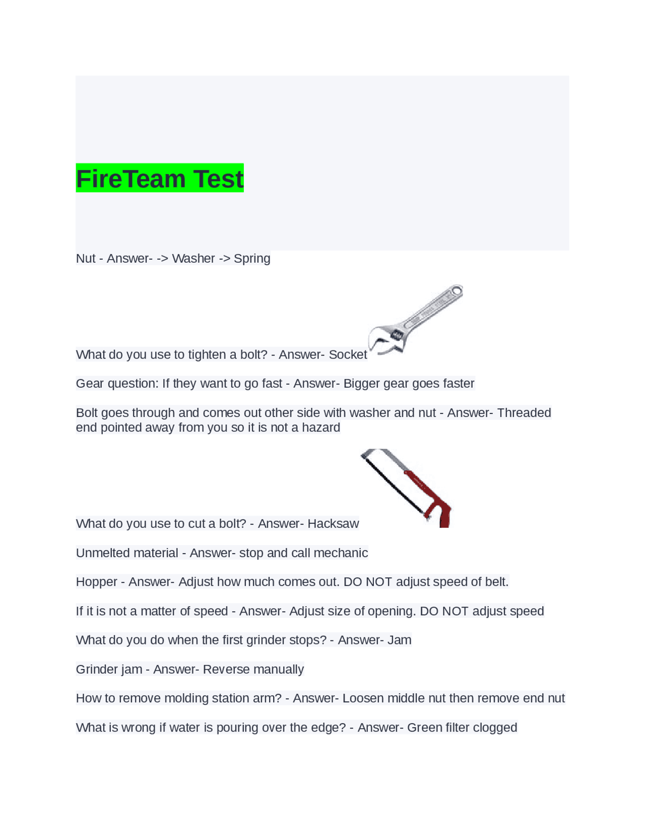 FireTeam Test: Questions and Answers for Mechanical and Industrial ...