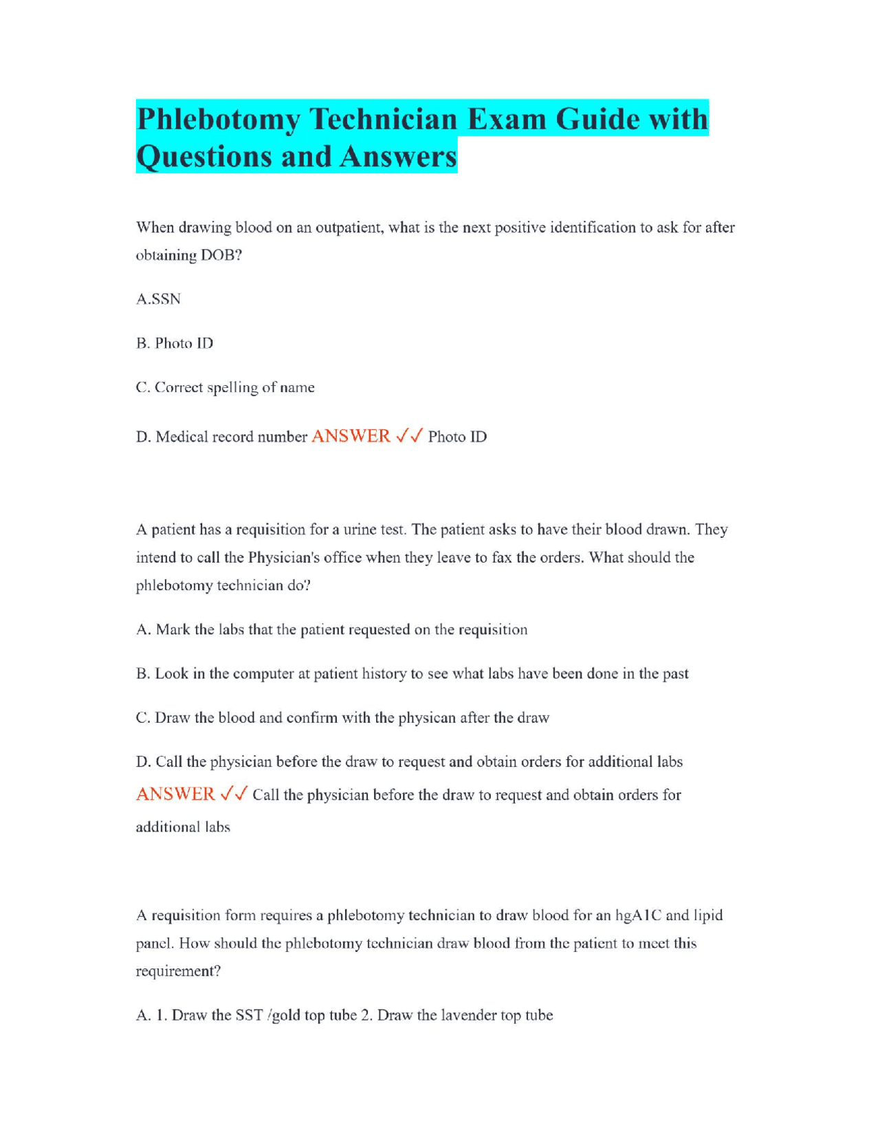 Phlebotomy Technician Exam Guide with Questions and Answers | Exams ...