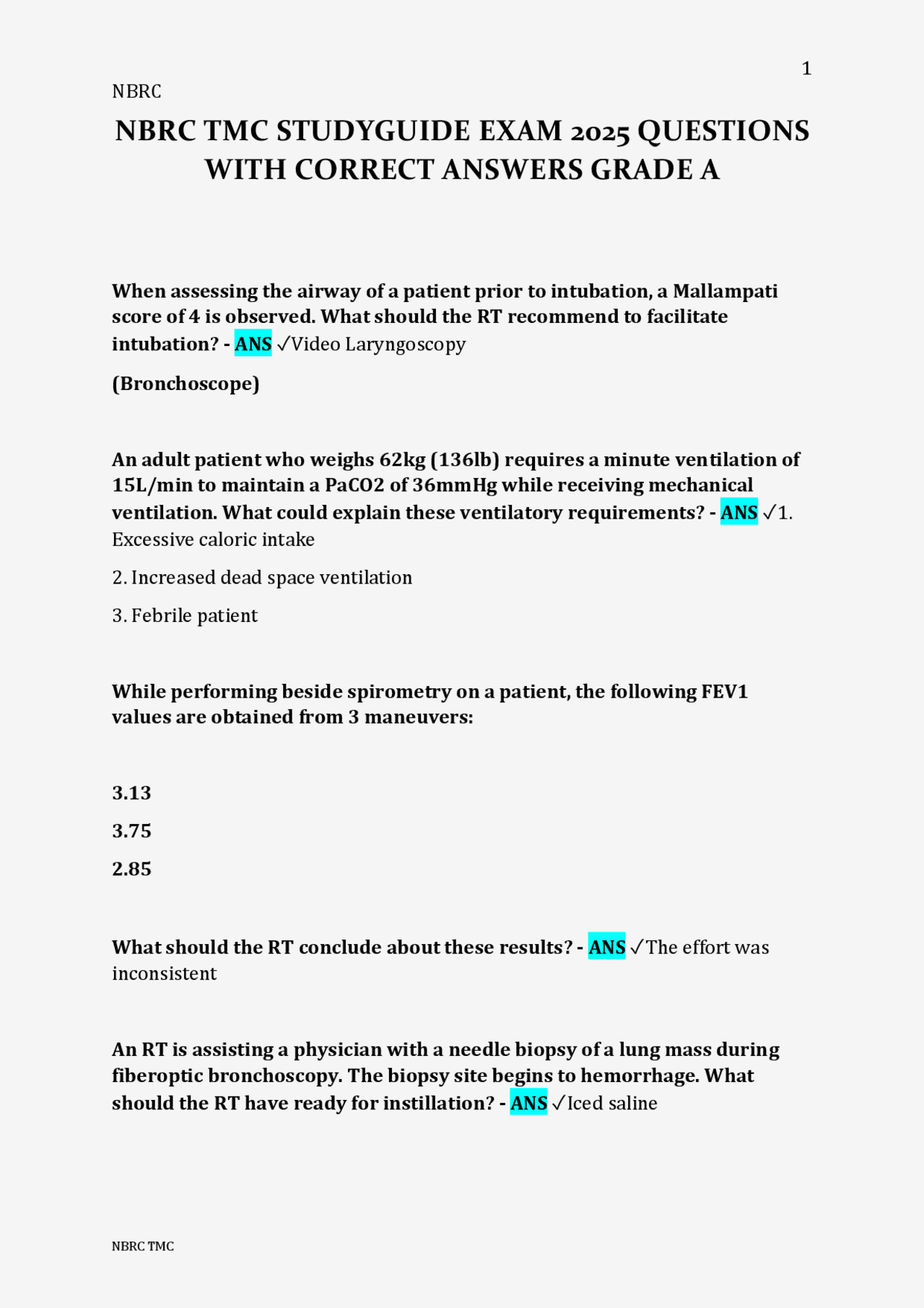 NBRC TMC STUDYGUIDE EXAM 2025 QUESTIONS WITH CORRECT ANSWERS GRADE A | Exams Nursing | Docsity