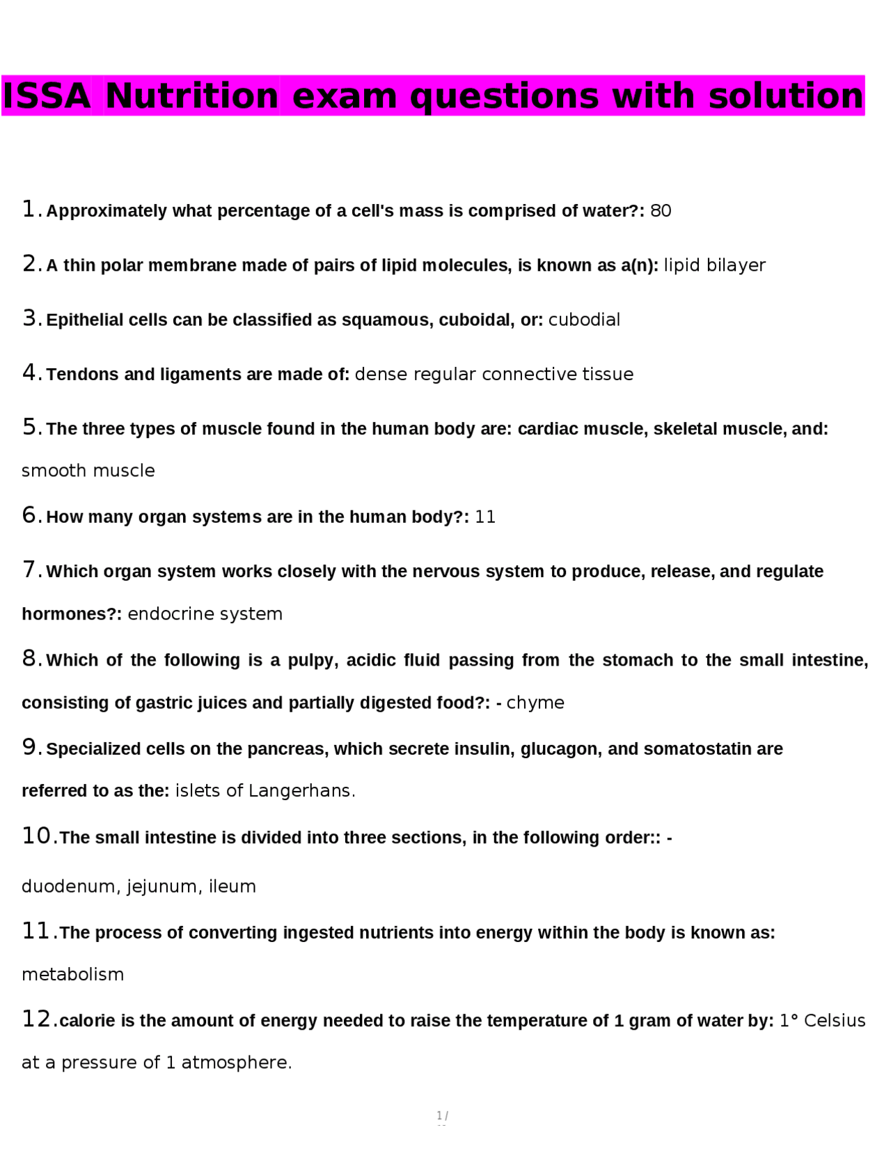 ISSA Nutrition Exam Questions with Solutions | Exams Nutrition | Docsity