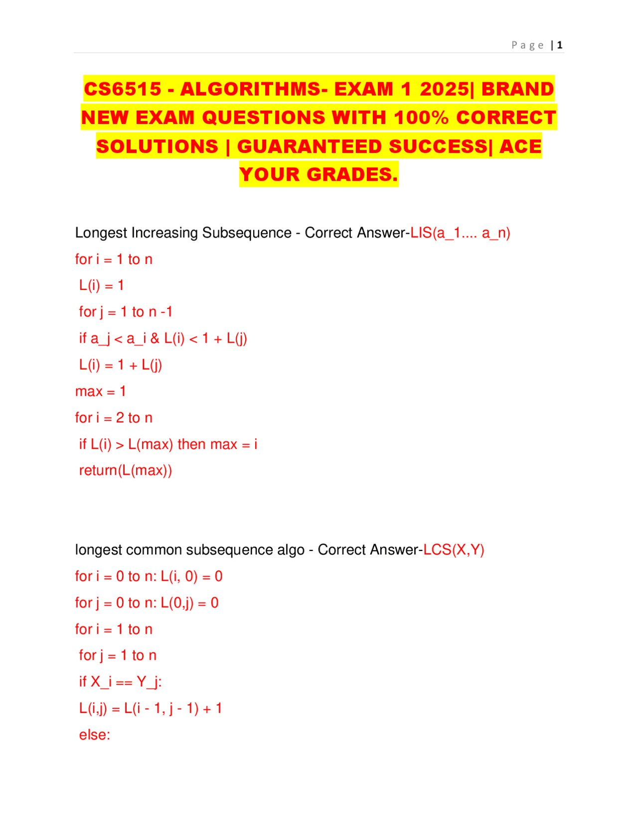 CS6515 - ALGORITHMS- EXAM 1 2025| BRAND NEW EXAM QUESTIONS WITH 100% ...