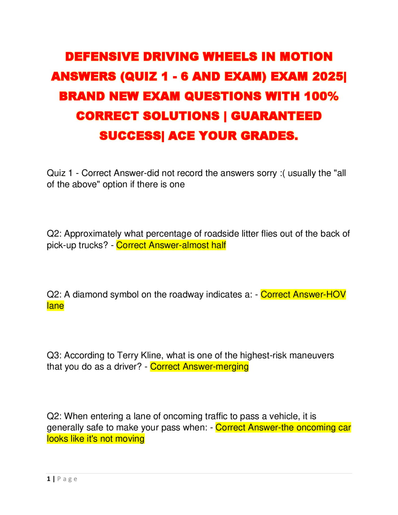 DEFENSIVE DRIVING WHEELS IN MOTION ANSWERS (QUIZ 1 - 6 AND EXAM) EXAM ...