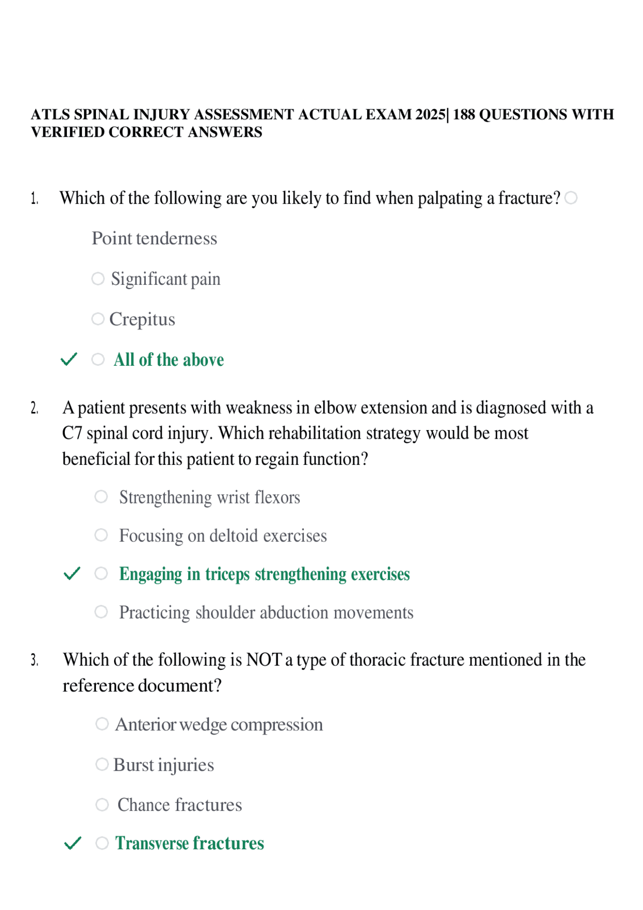 ATLS SPINAL INJURY ASSESSMENT ACTUAL EXAM 2025| 188 QUESTIONS WITH ...