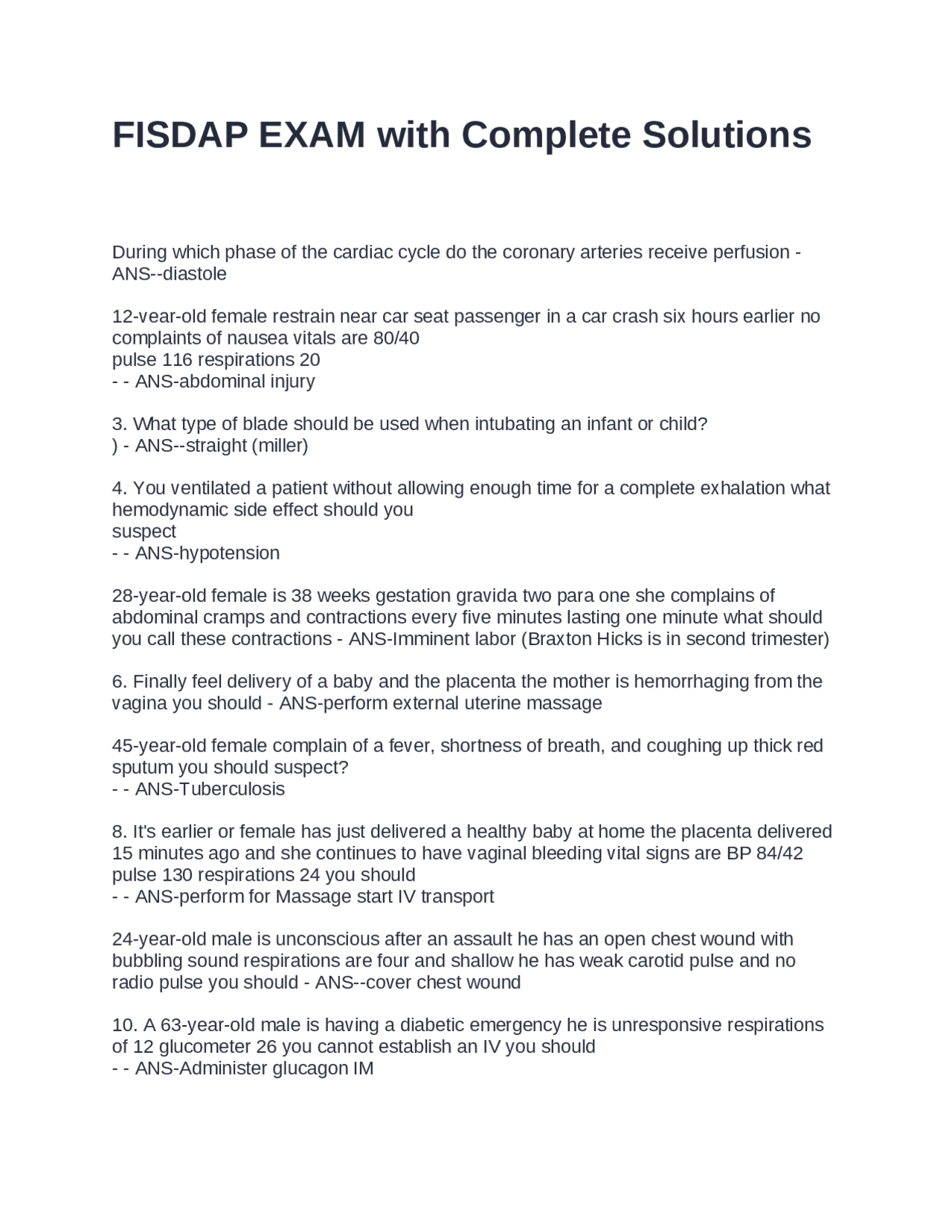 FISDAP Exam Questions and Answers for Emergency Medical Technicians ...