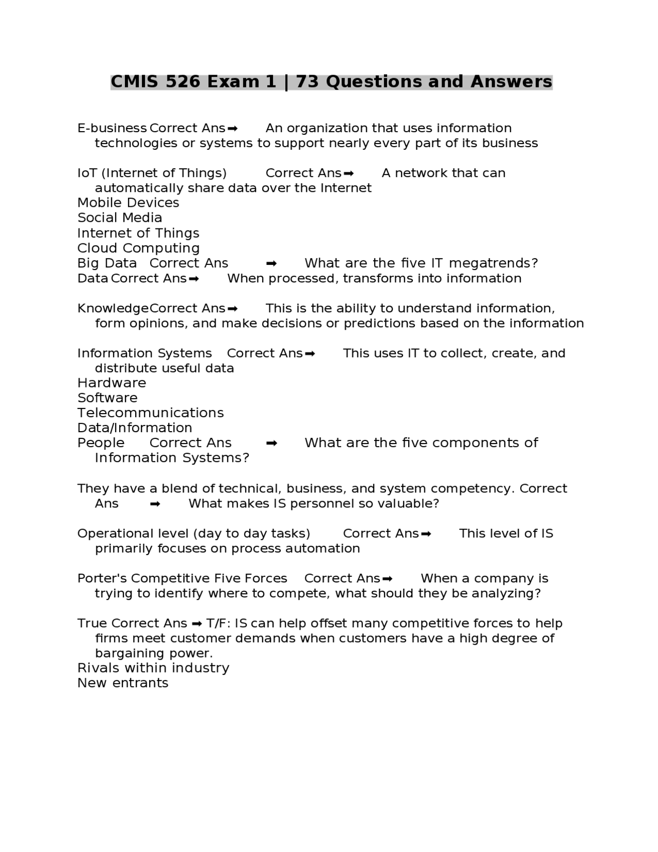 CMIS 526 Exam 1: E-business and Information Systems Concepts | Exams Computer Science | Docsity