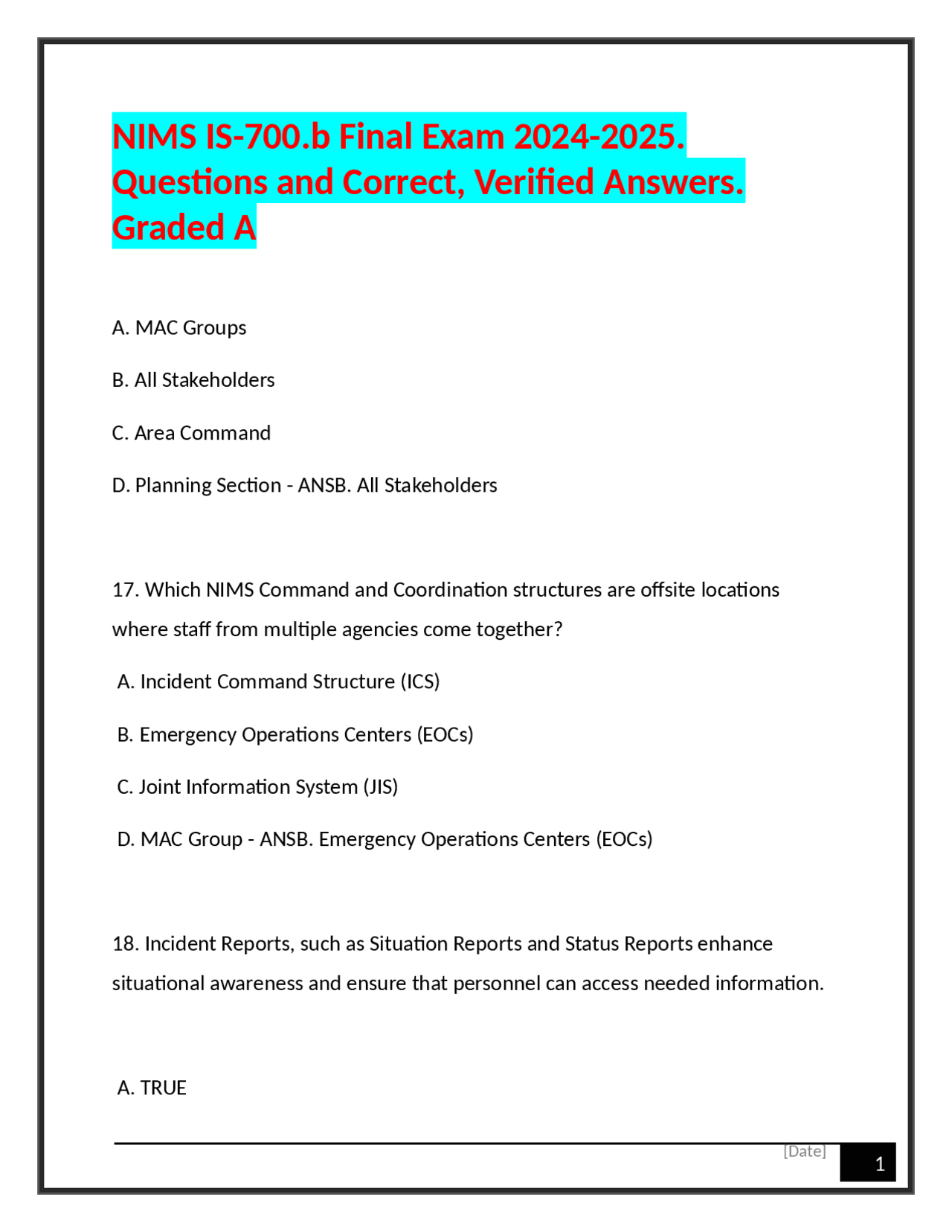 NIMS IS-700.b Final Exam 2024-2025. Questions and Correct, Verified ...