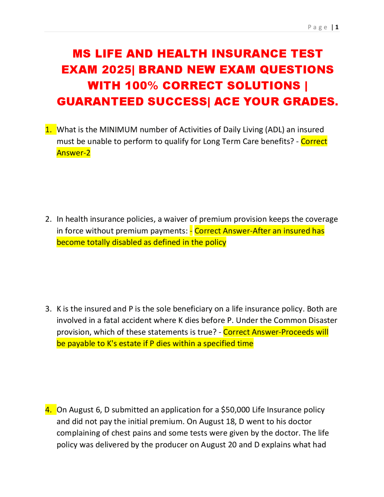 MS Life and Health Insurance Test Exam 2025: Practice Questions and ...