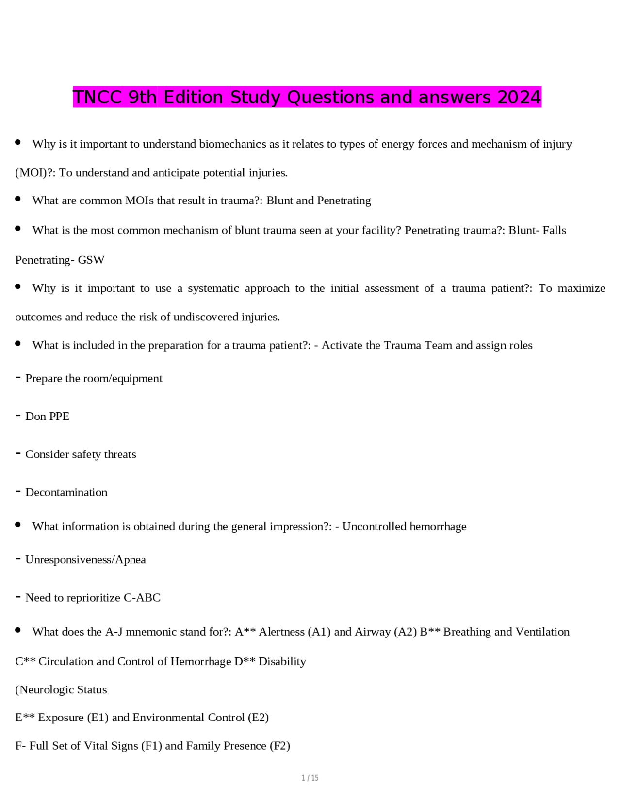 TNCC 9th Edition Study Questions and Answers 2024: A Comprehensive ...