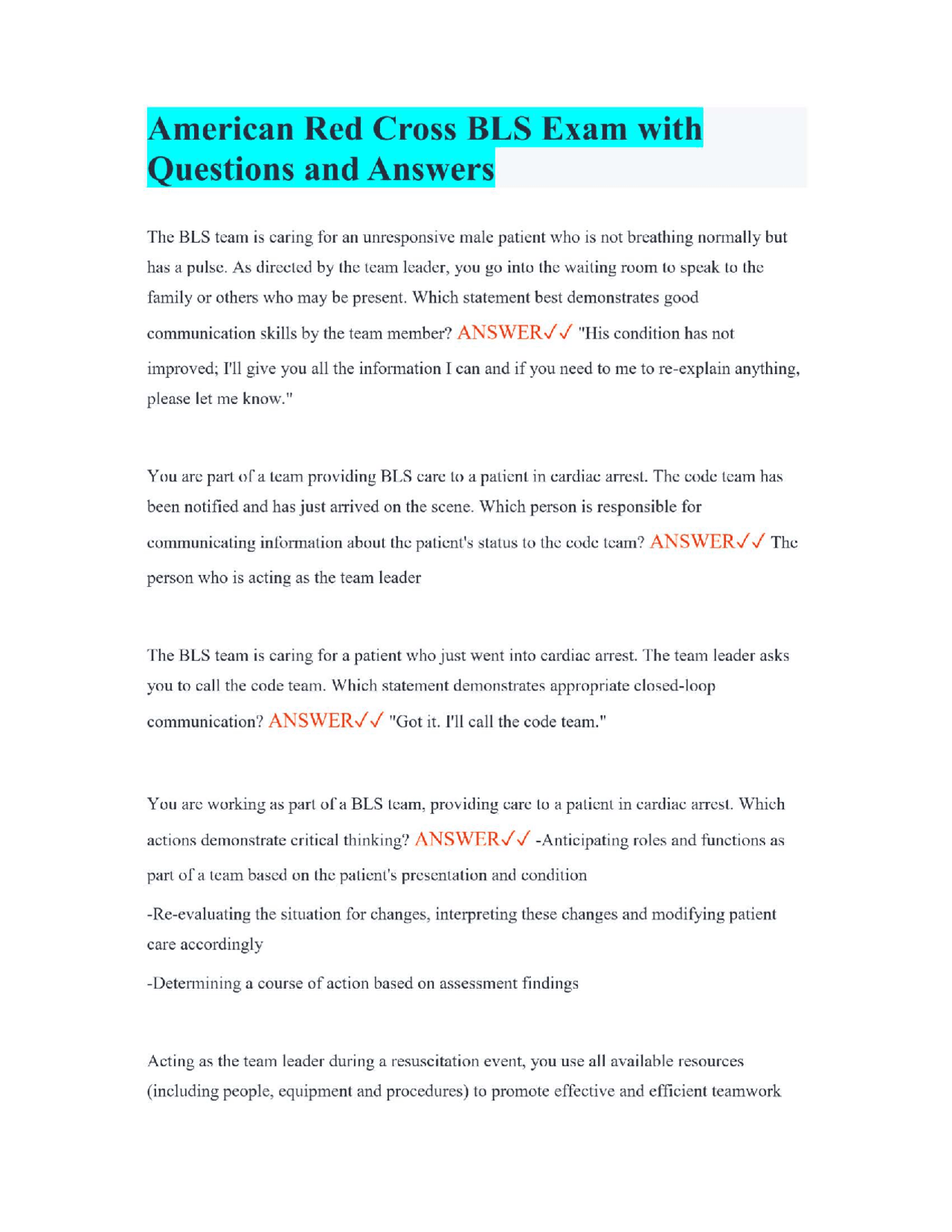 American Red Cross BLS Exam with Questions and Answers | Exams Nursing ...