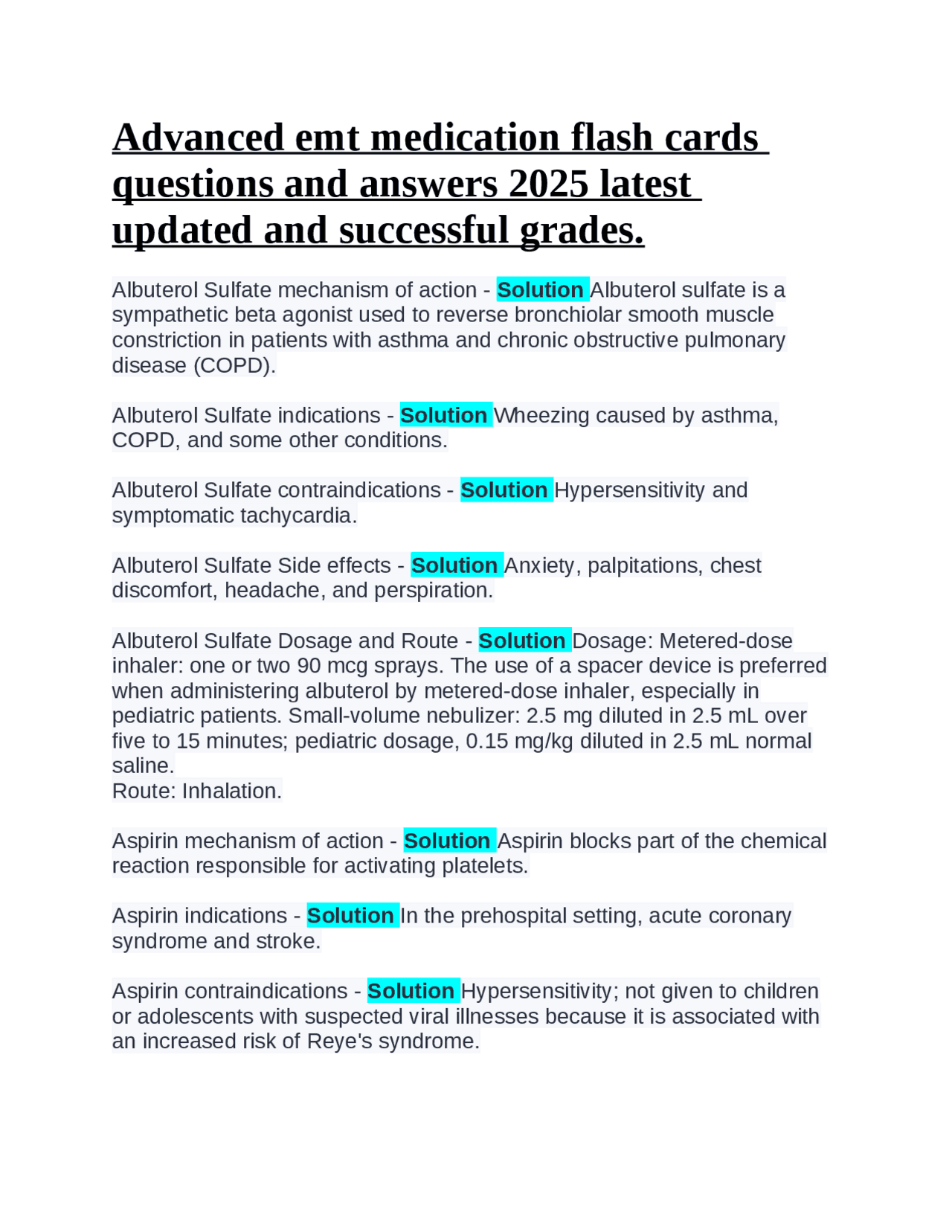 Advanced emt medication flash cards questions and answers 2025 latest ...