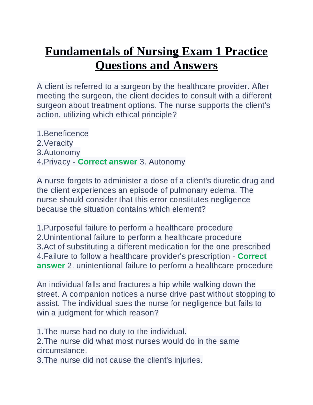 Fundamentals of Nursing Exam 1 Practice Questions and Answers | Exams ...