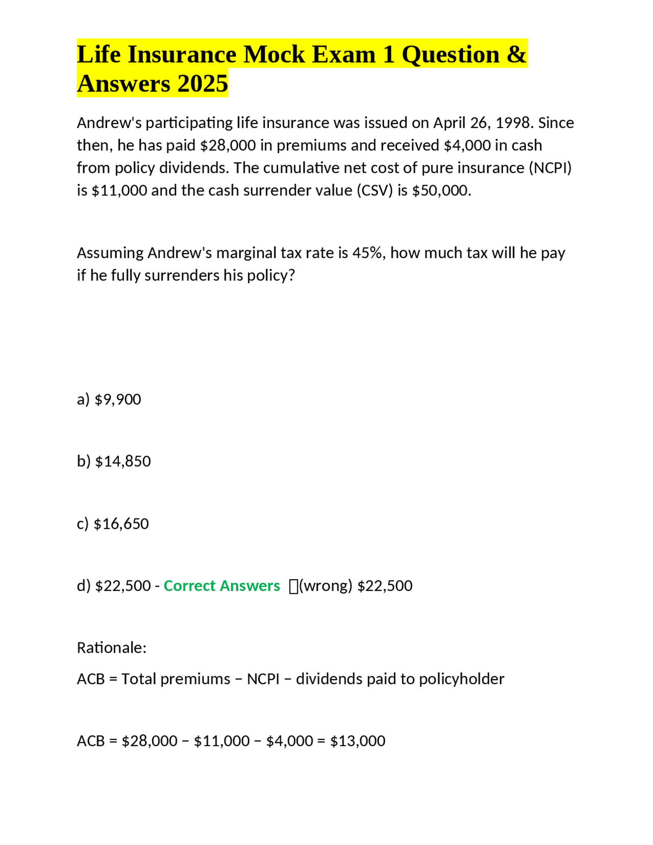 Life Insurance Mock Exam 1: Questions and Answers | Exams Nursing | Docsity
