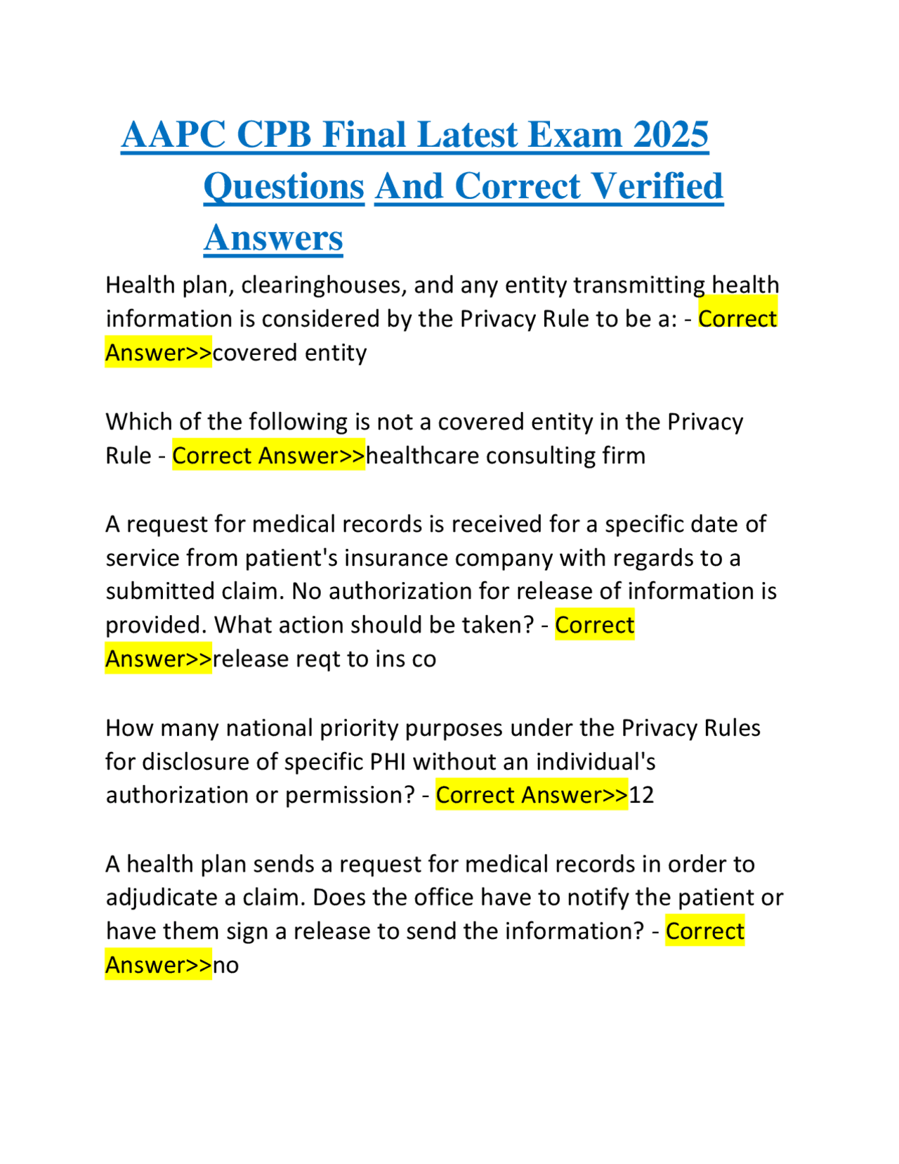 AAPC CPB Final Latest Exam 2025 Questions And Correct Verified Answers ...