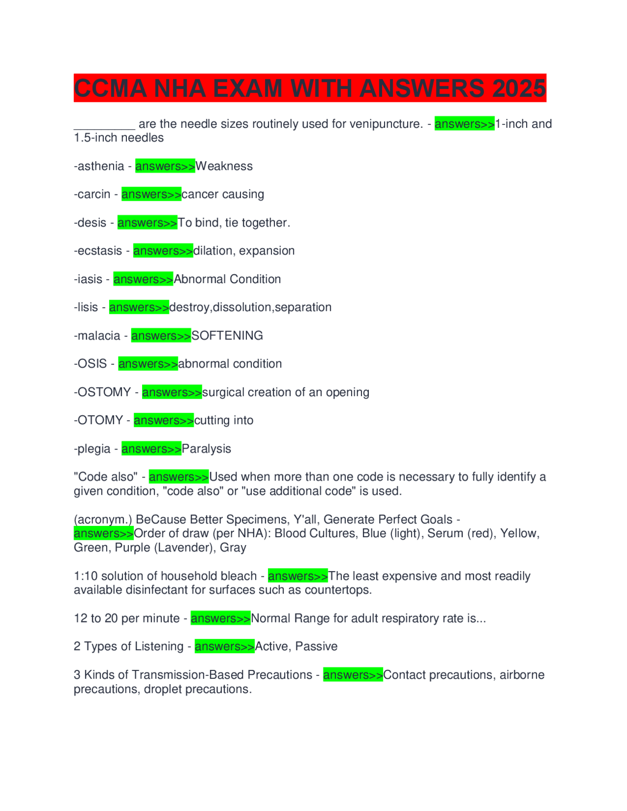 CCMA NHA Exam Preparation: Key Terms, Procedures, and Concepts | Exams ...