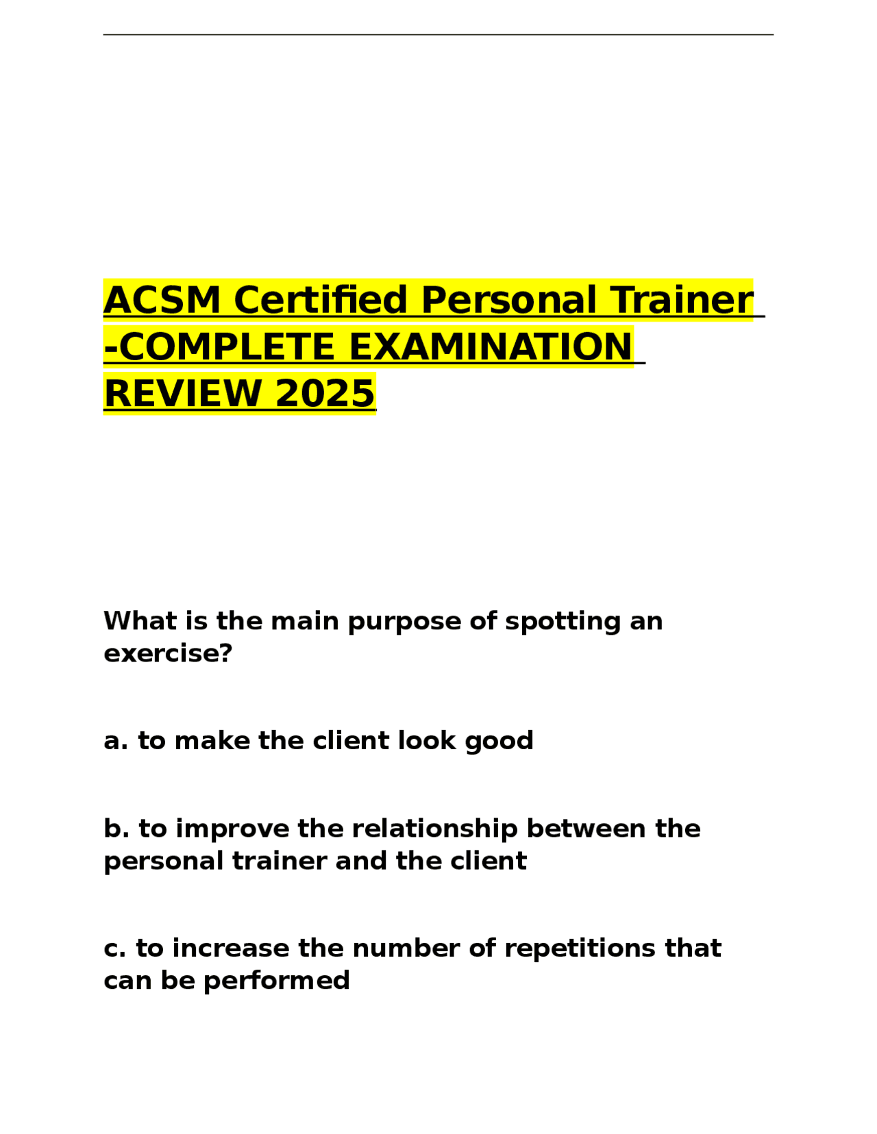 ACSM Certified Personal Trainer -COMPLETE EXAMINATION REVIEW 2025.docx ...