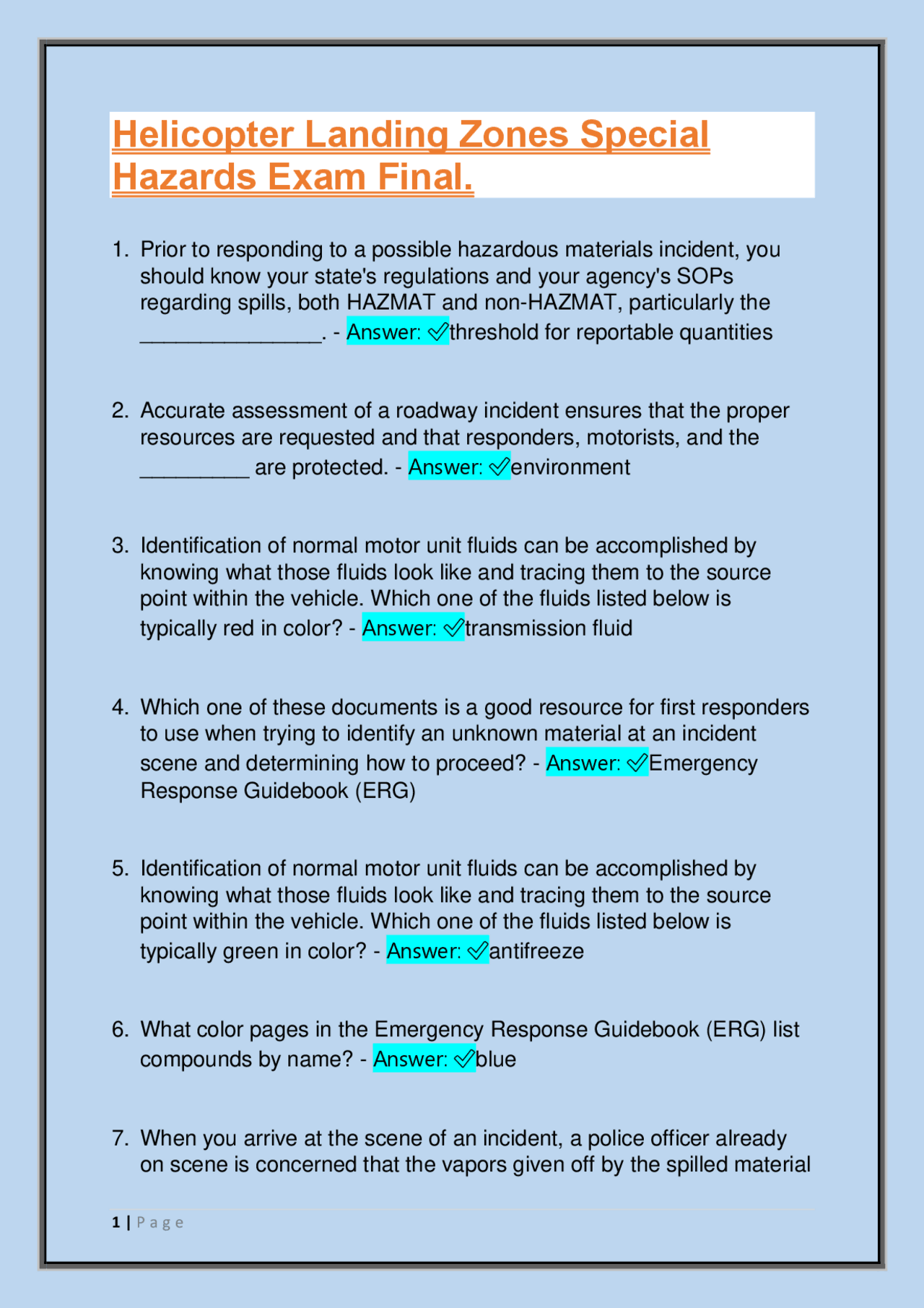 Helicopter Landing Zones Special Hazards Exam Final: Questions and ...