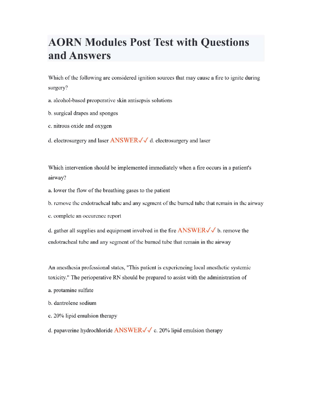AORN Modules Post Test with Questions and Answers | Exercises Nursing ...