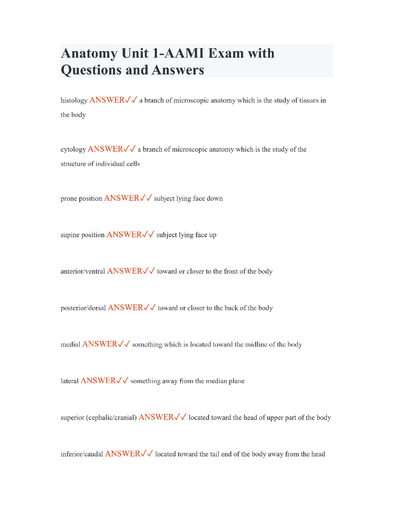 Anatomy Unit 1-AAMI Exam with Questions and Answers | Exams Health ...