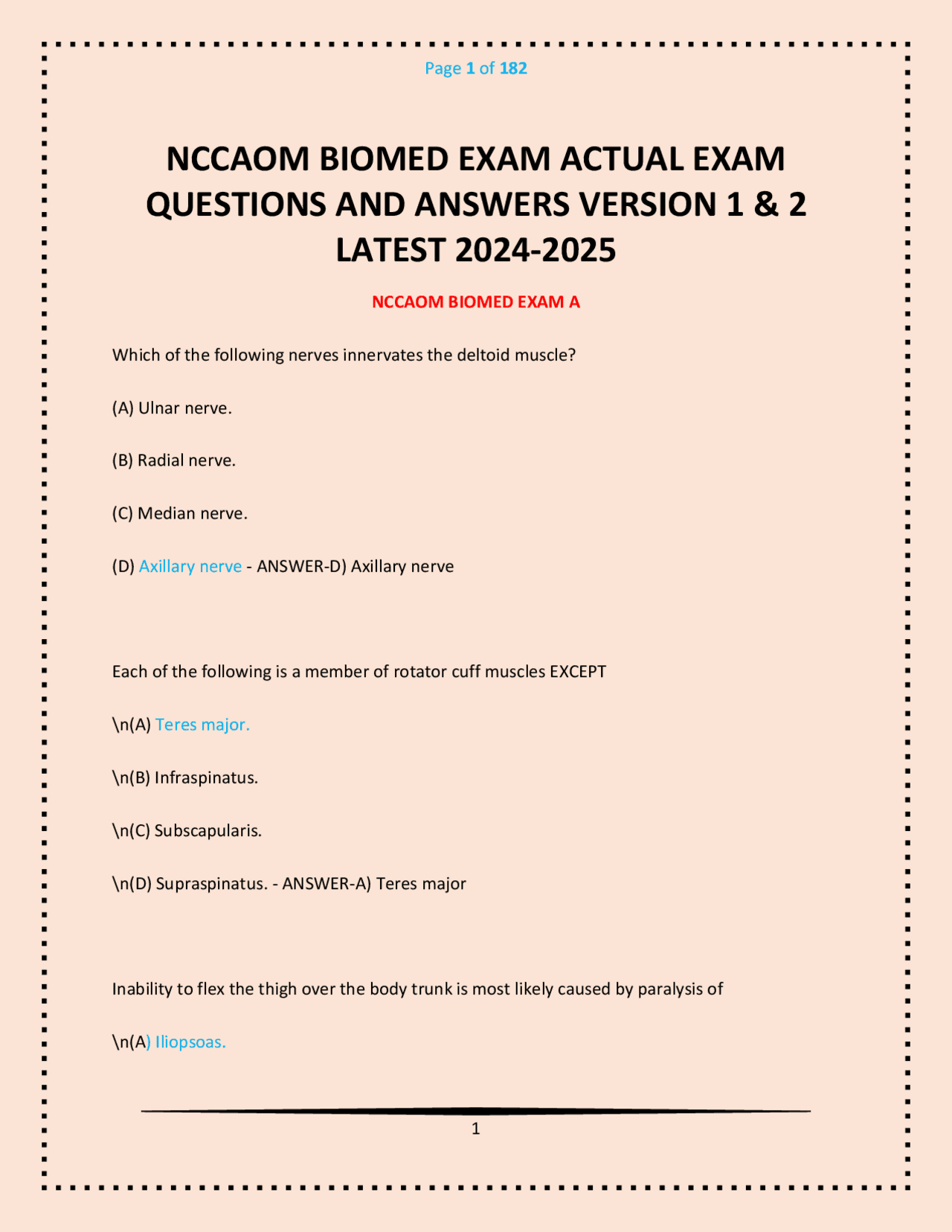 NCCAOM BIOMED EXAM ACTUAL EXAM QUESTIONS AND ANSWERS VERSION 1 & 2 ...