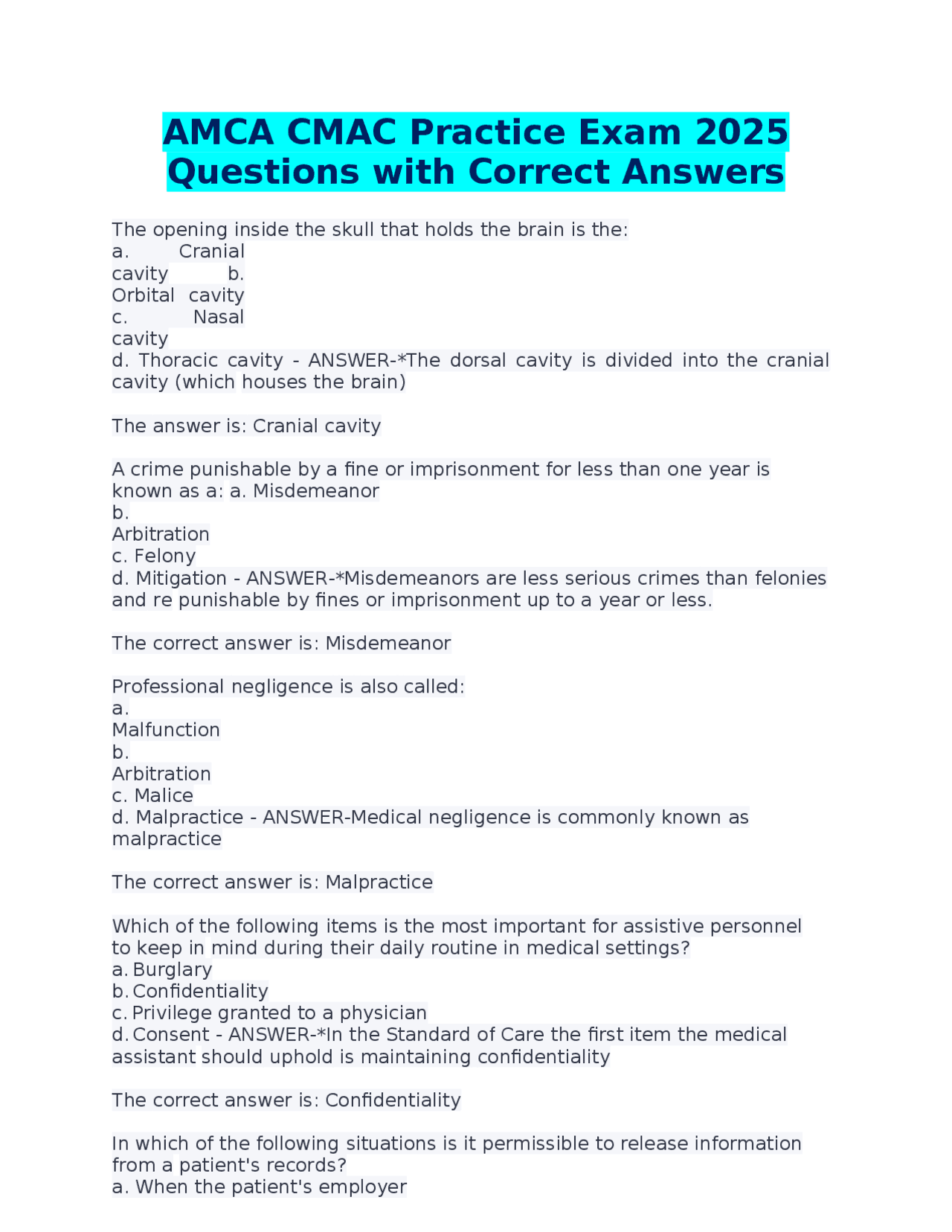 AMCA CMAC Practice Exam 2025 Questions with Correct Answers | Exams ...