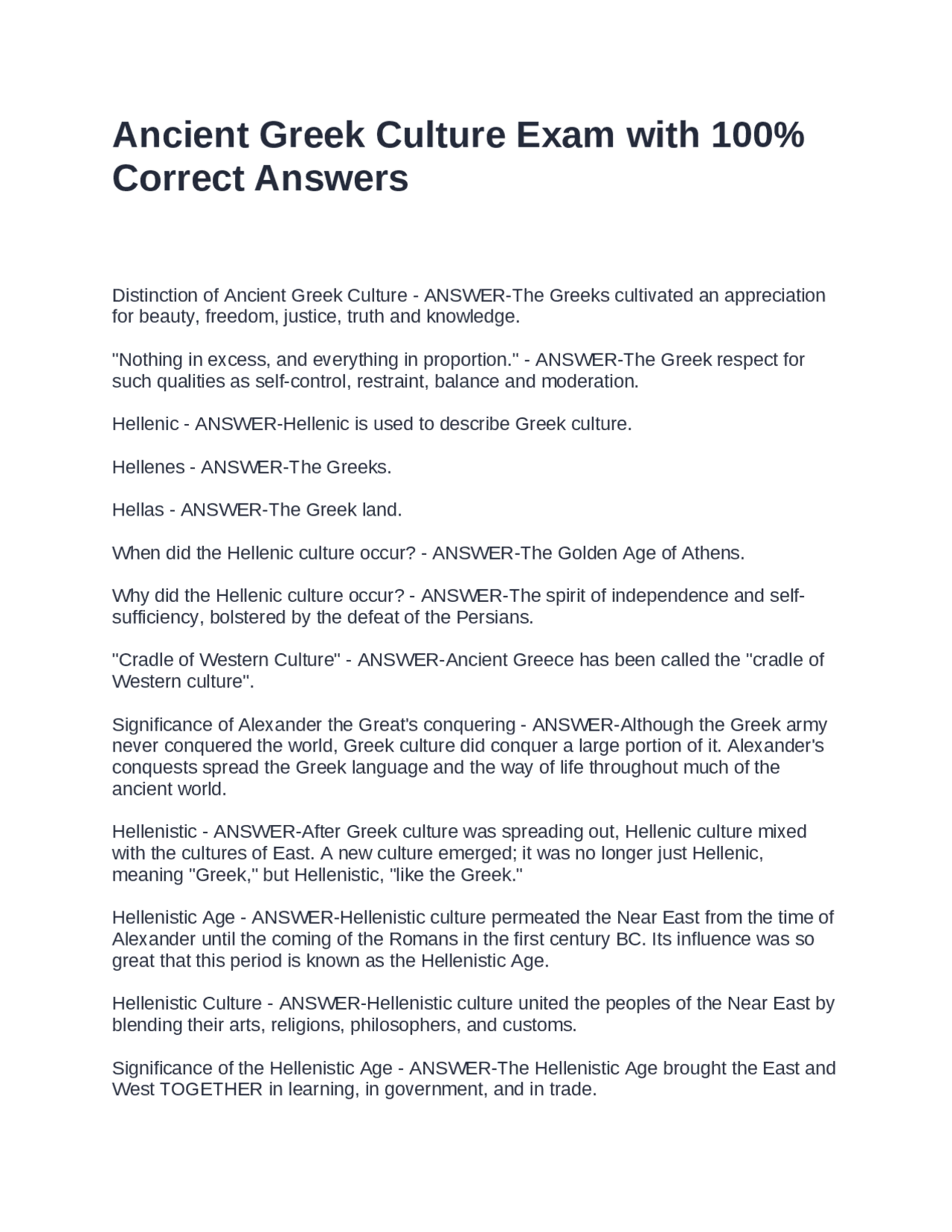 Ancient Greek Culture Exam with 100% Correct Answers | Exams Advanced ...
