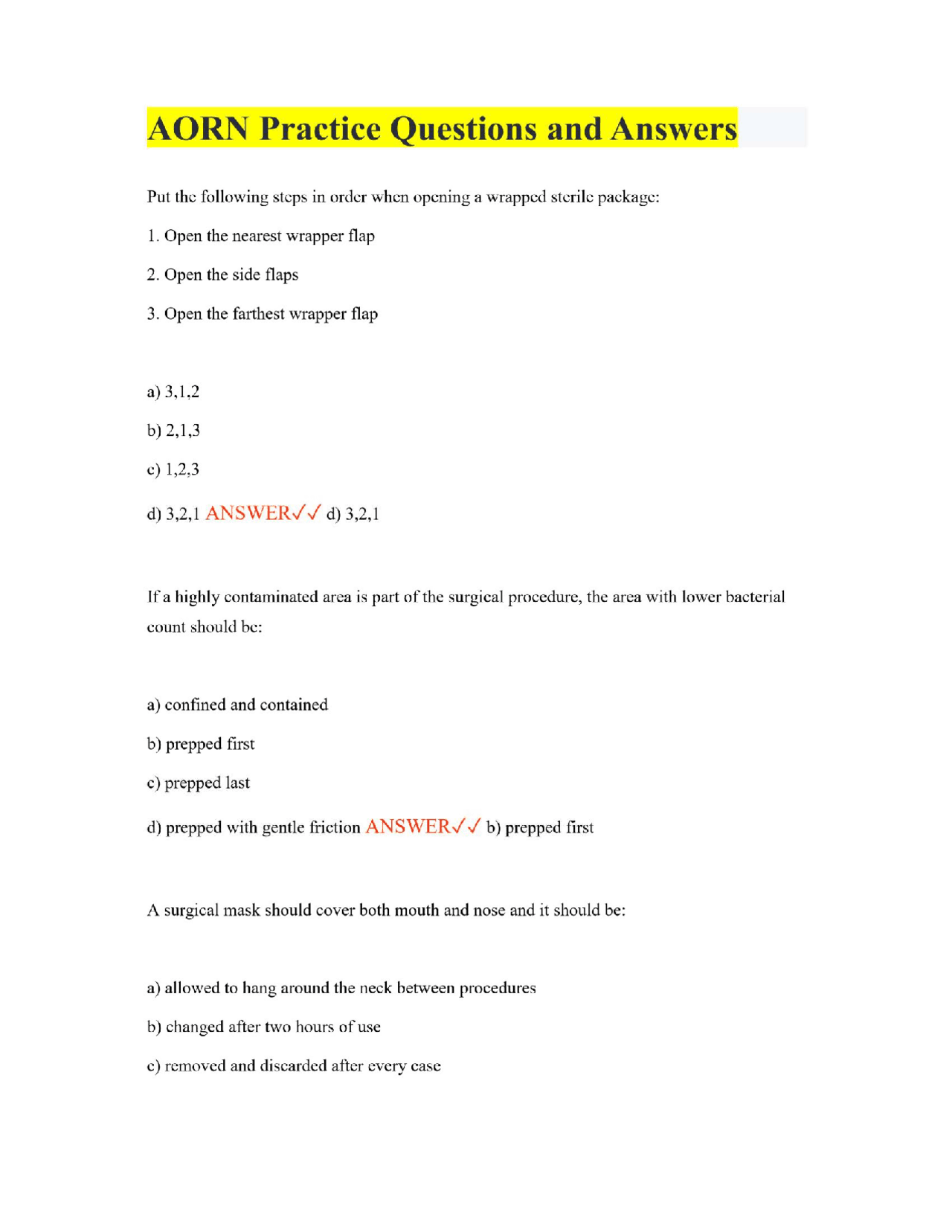 AORN Practice Questions and Answers | Exams Nursing | Docsity