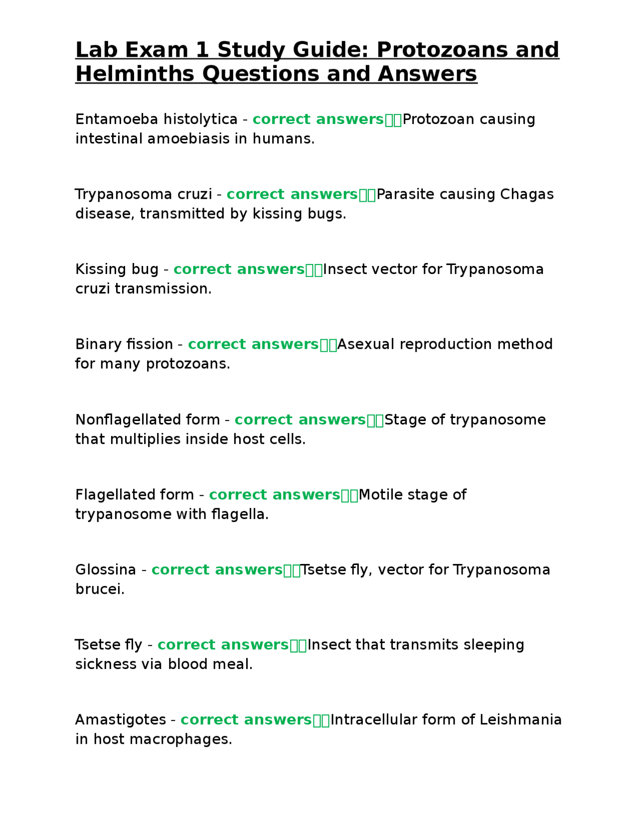 Lab Exam 1 Study Guide: Protozoans and Helminths - Questions and ...