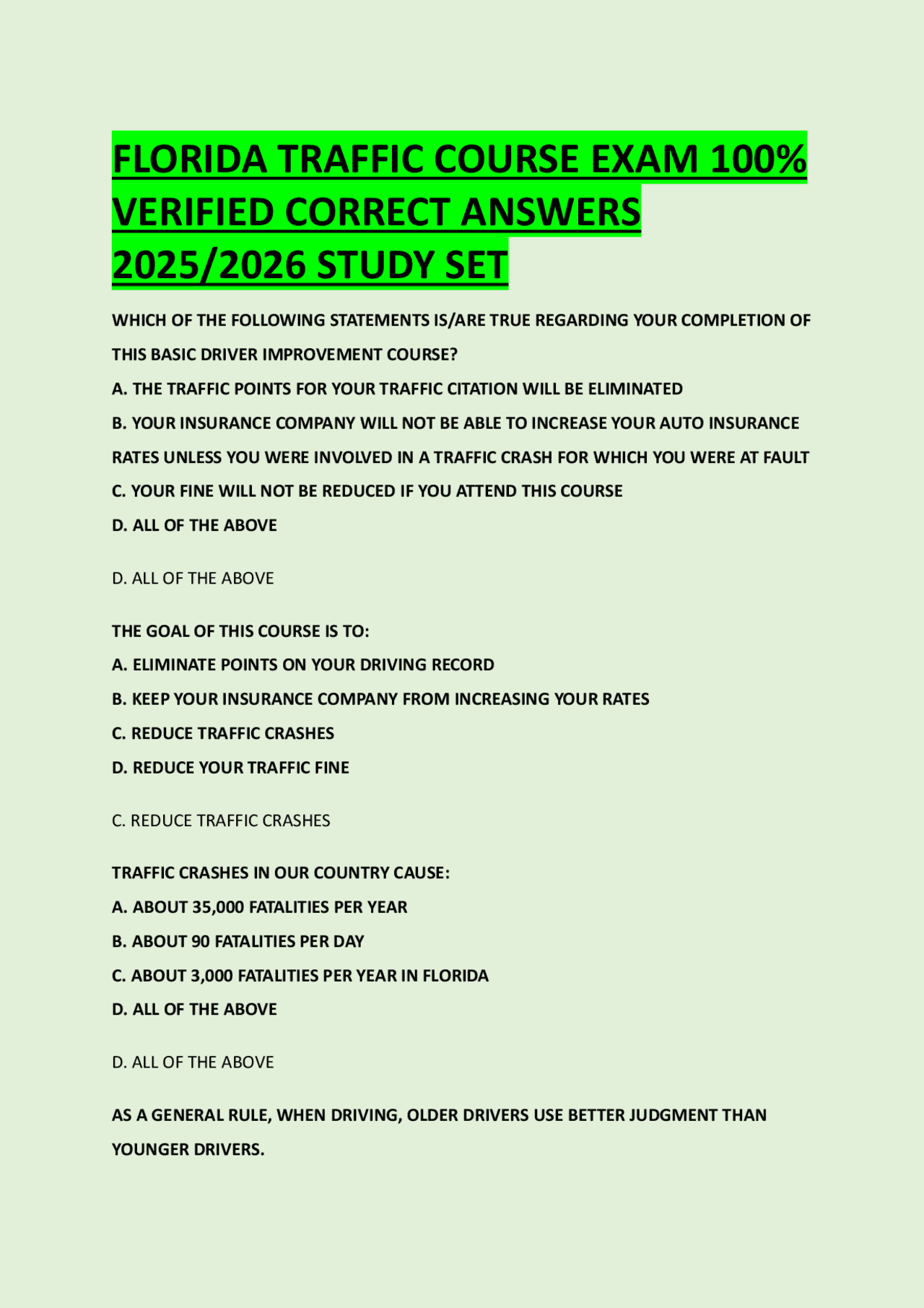 FLORIDA TRAFFIC COURSE EXAM 100% VERIFIED CORRECT ANSWERS 2025/2026 ...