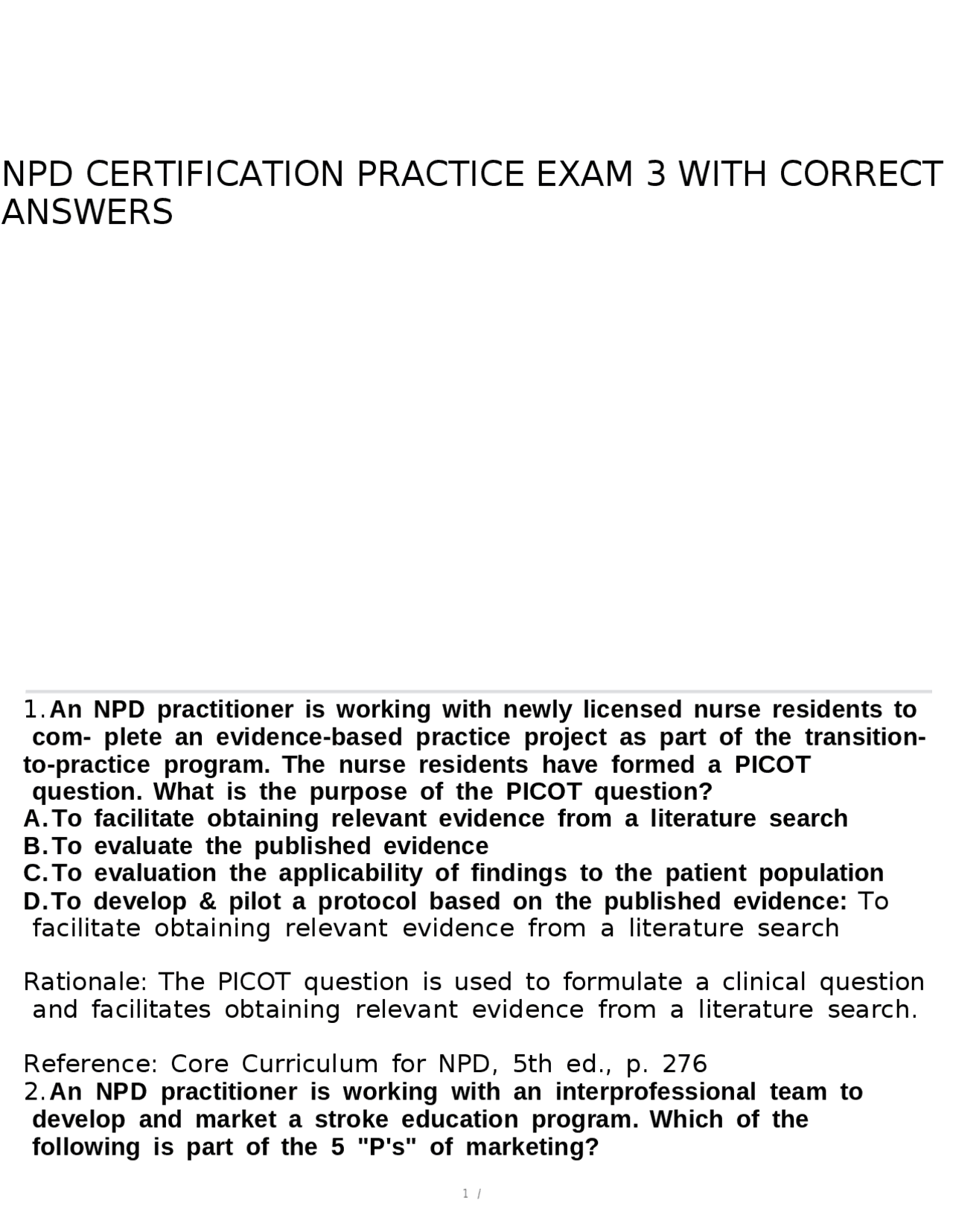 NPD Certification Practice Exam 3 with Correct Answers | Exams Nursing ...