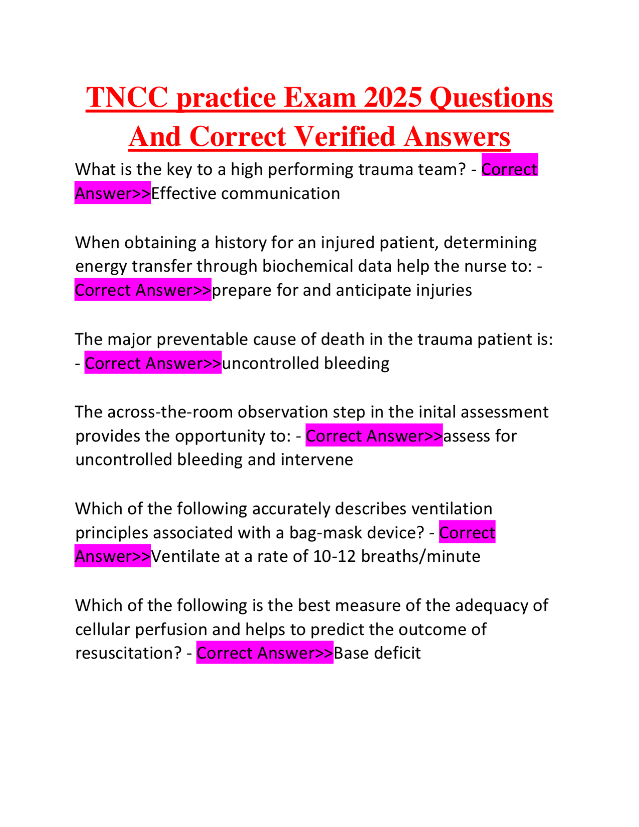 TNCC Practice Exam 2025: Questions and Answers | Exams Nursing | Docsity