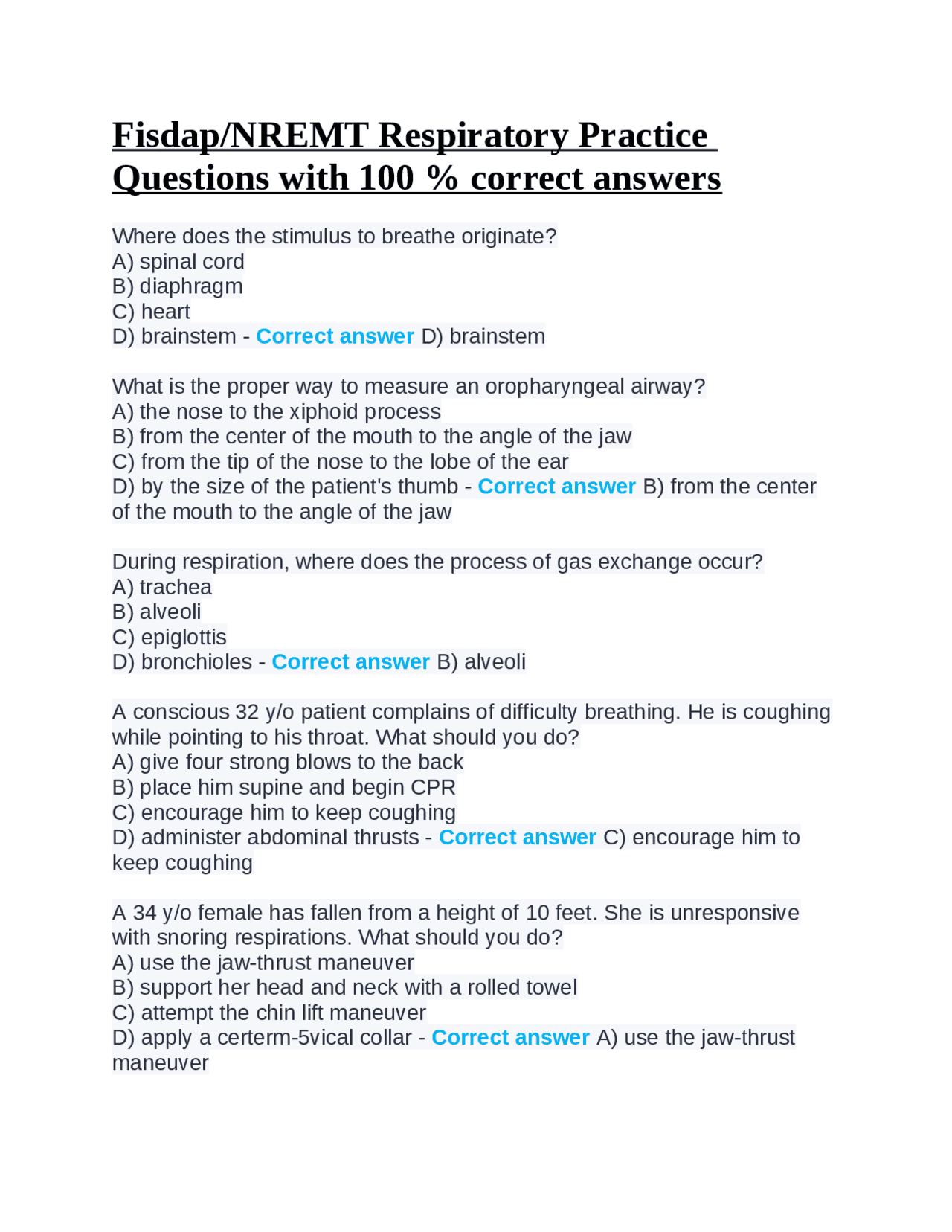 Respiratory Practice Questions with 100% Correct Answers: NREMT Exam ...
