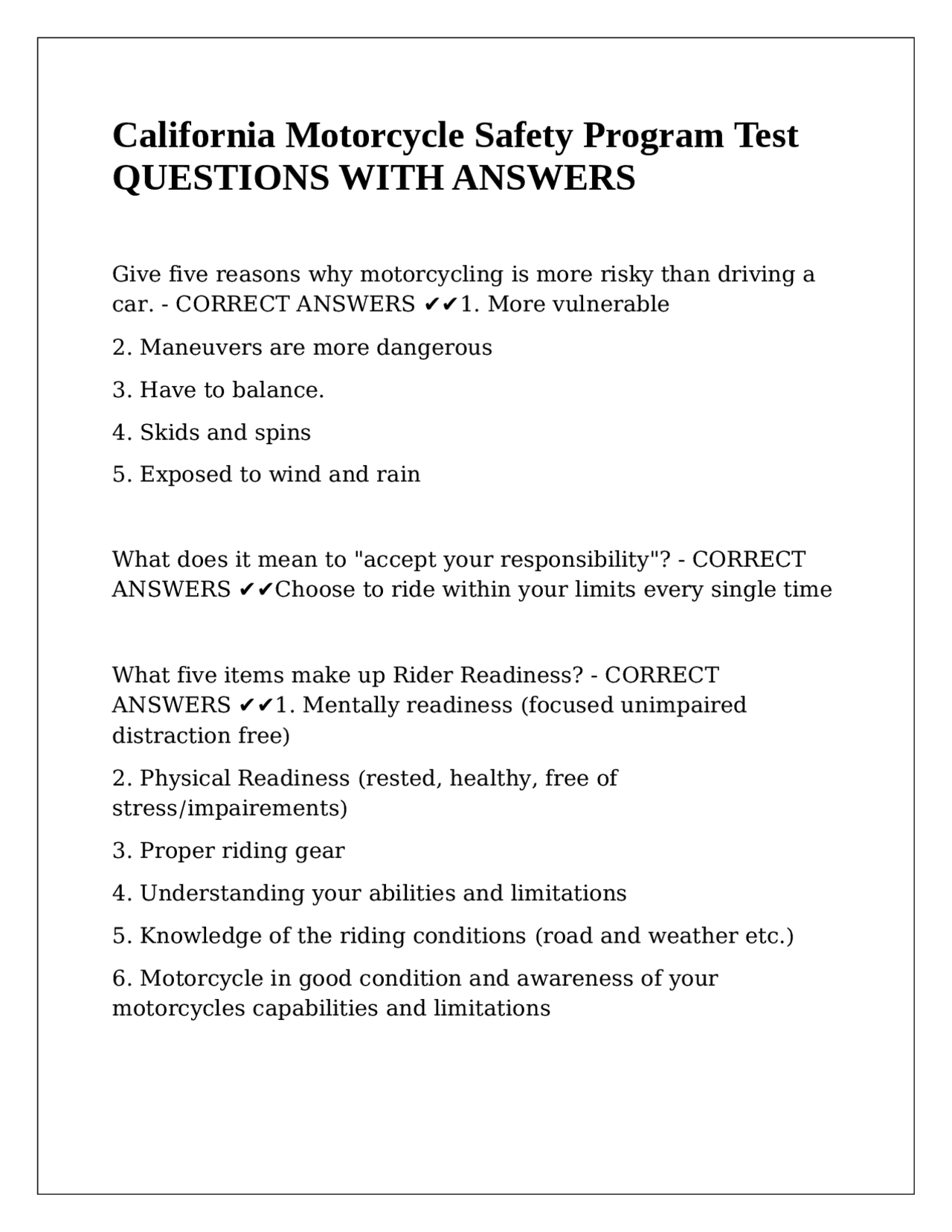 California Motorcycle Safety Program Test QUESTIONS WITH ANSWERS ...