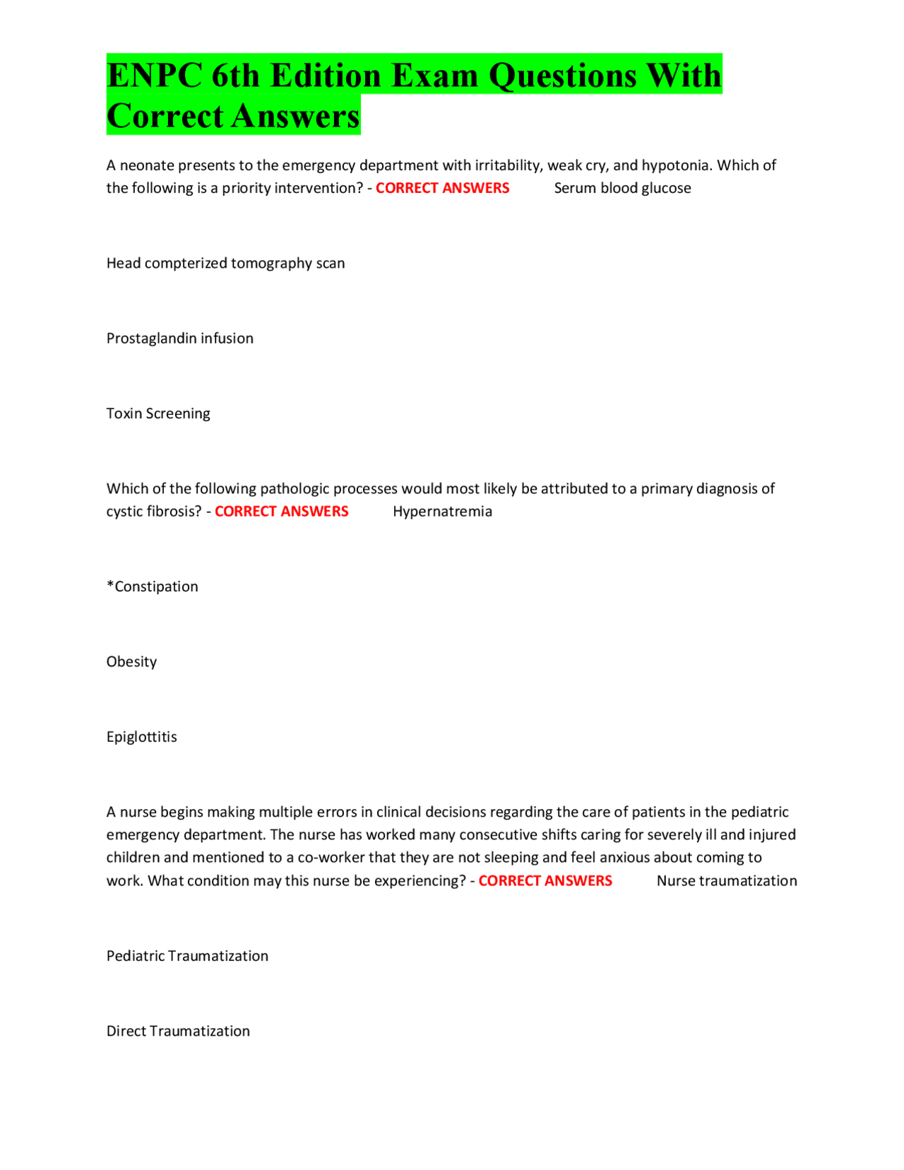ENPC 6th Edition Exam Questions and Answers: Pediatric Emergency Care ...