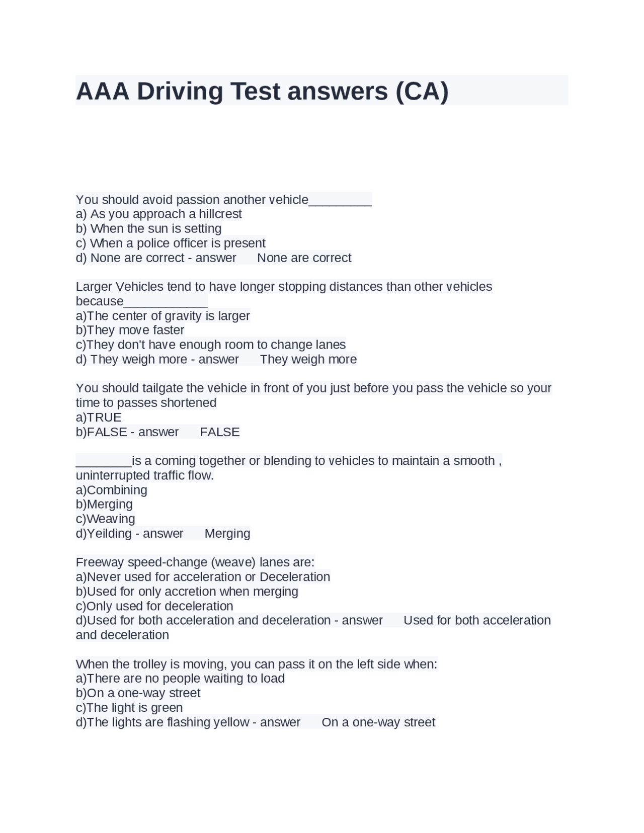 Driving Test Answers (CA): Multiple Choice Questions and Answers ...